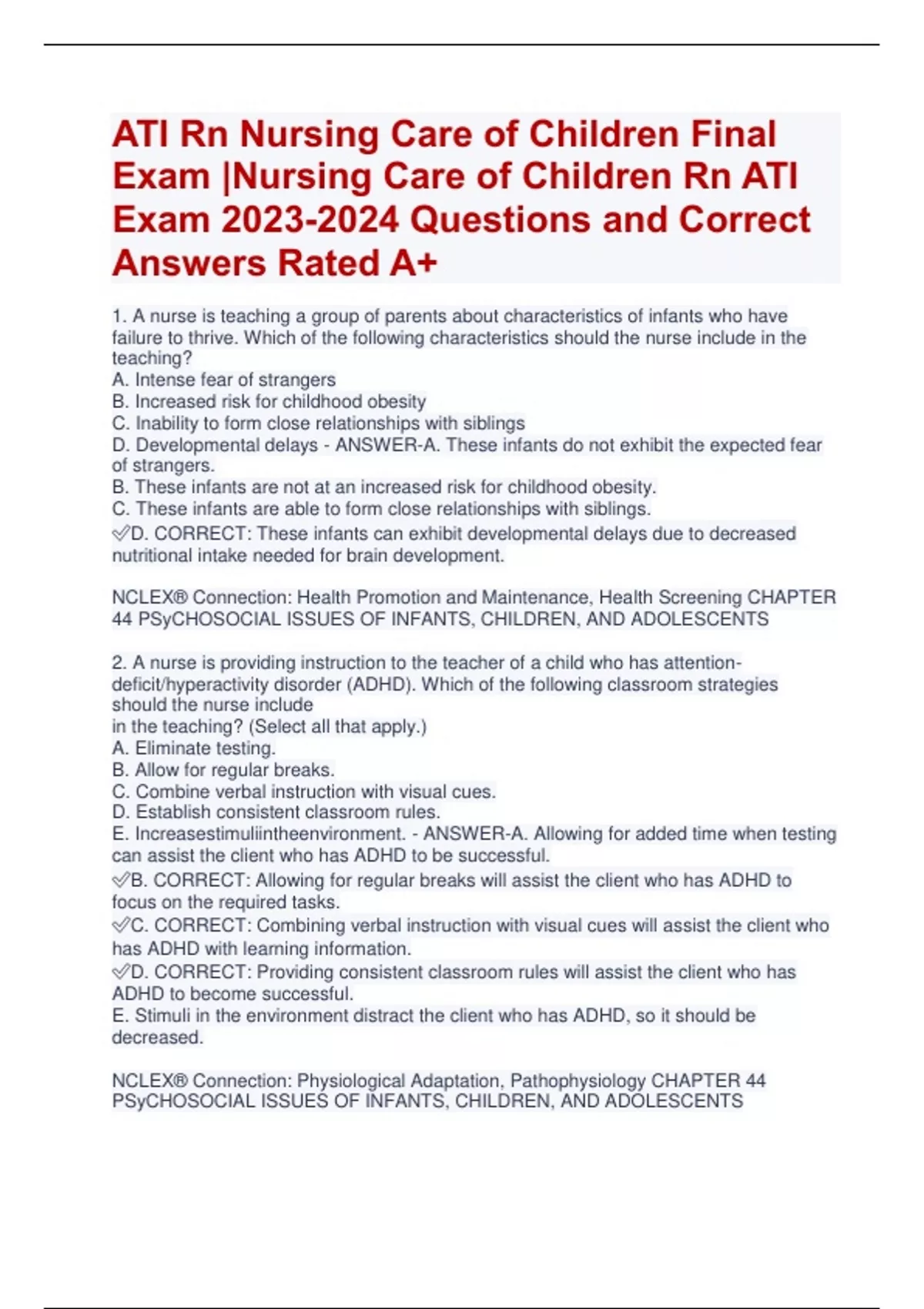 ATI Rn Nursing Care of Children Final Exam |Nursing Care of Children Rn ...