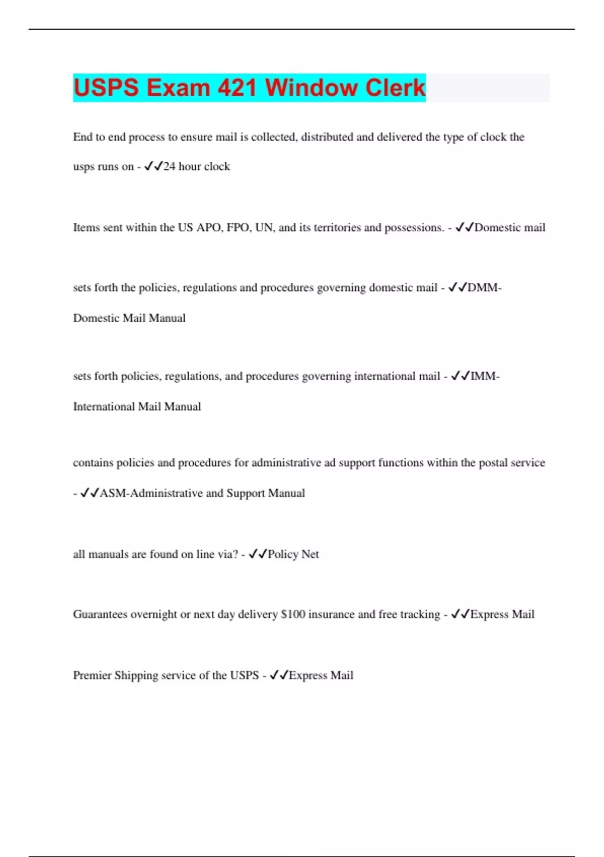 USPS Exam 421 Window Clerk | Questions with 100% Correct Answers ...