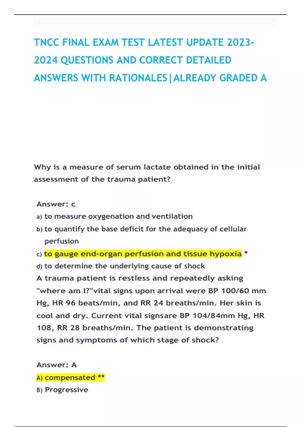 TNCC FINAL EXAM TEST LATEST UPDATE QUESTIONS AND CORRECT DETAILED ...