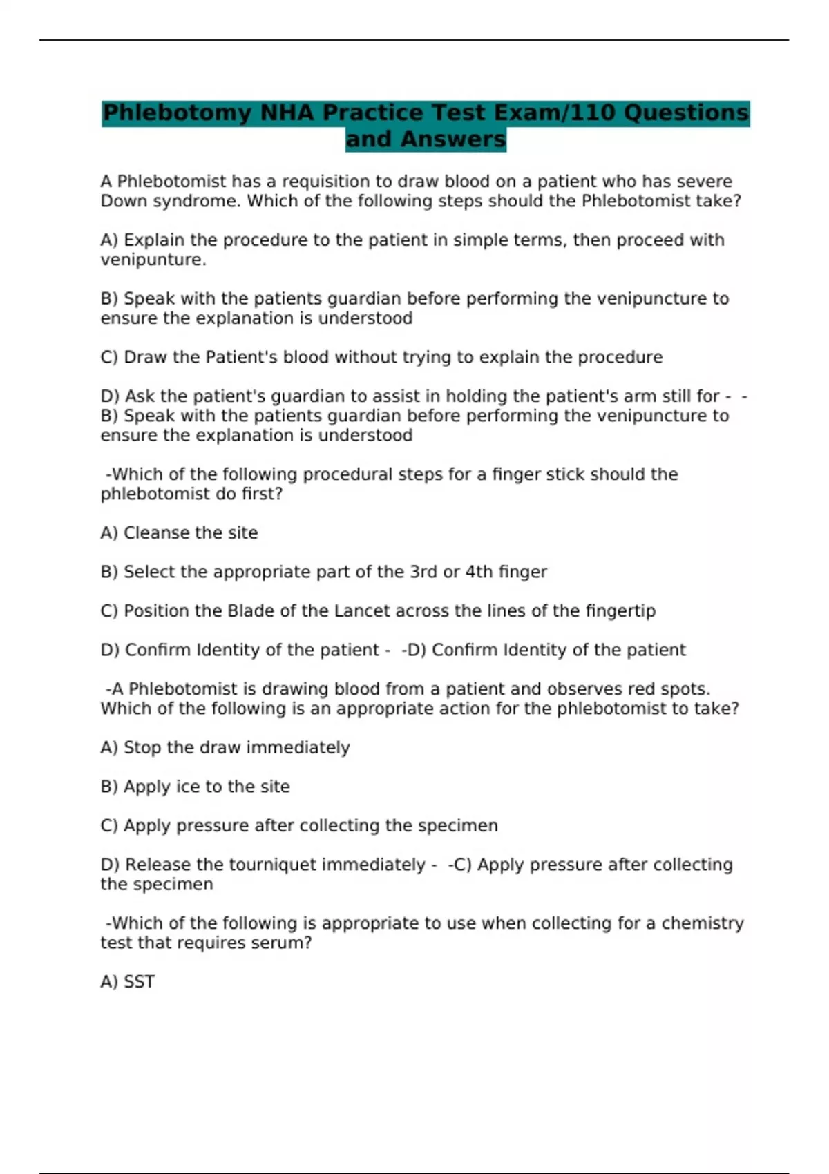 Phlebotomy NHA Practice Test Exam/110 Questions and Answers ...