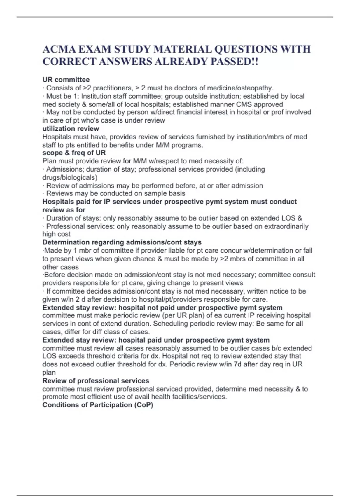 ACMA EXAM STUDY MATERIAL QUESTIONS WITH CORRECT ANSWERS ALREADY PASSED ...