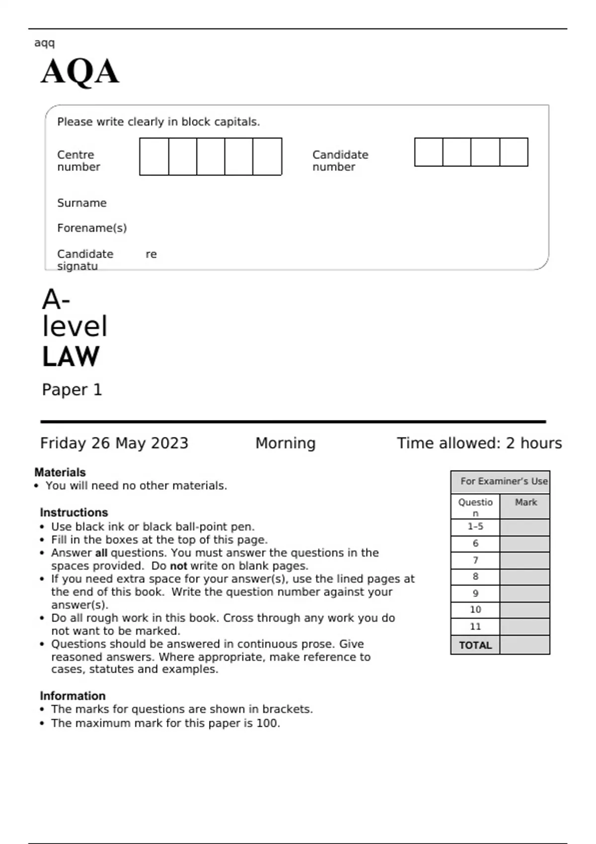 AQA A-level LAW Paper 1 JUNE 2023 QUESTION PAPER - A-level LAW - Stuvia US
