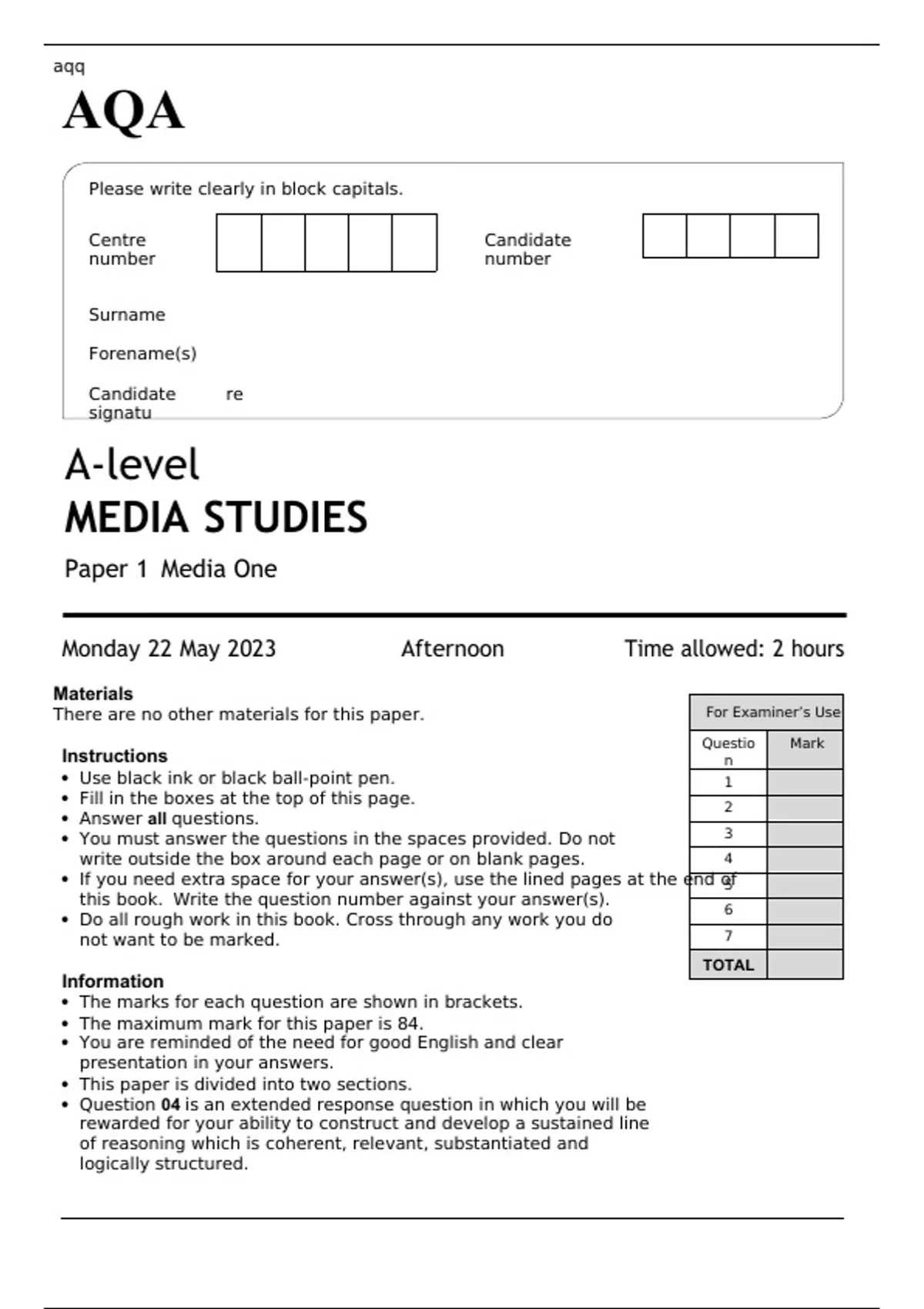 AQA A-level MEDIA STUDIES Paper 1 JUNE 2023 QUESTION PAPER: Media One ...