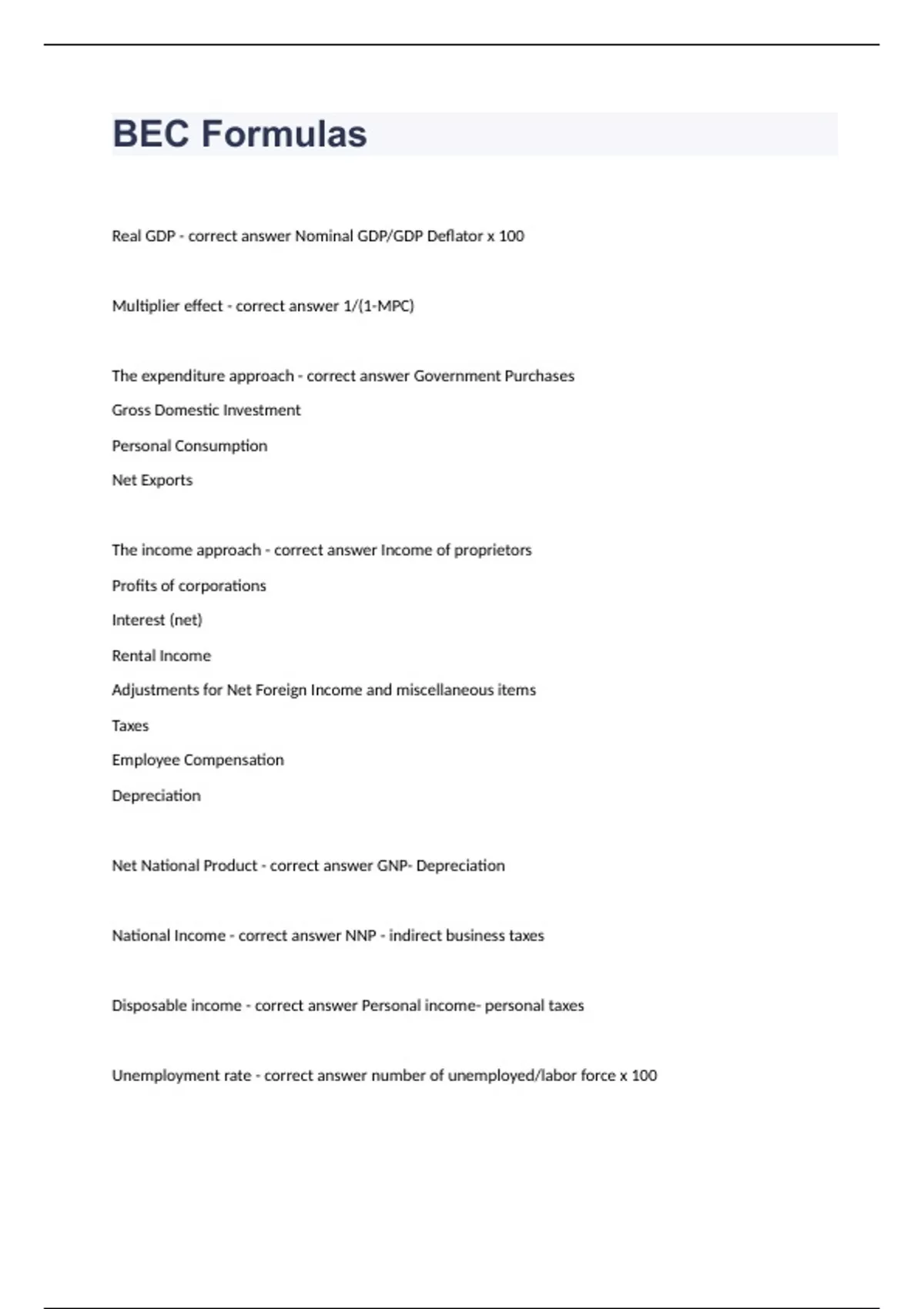 BEC Formulas questions with correct answers graded A+ 2023/2024 - BECC ...