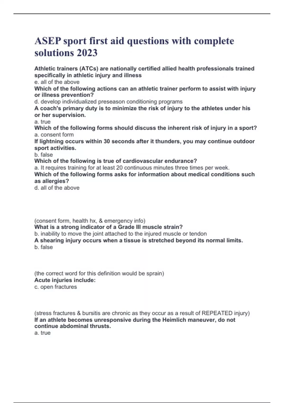 ASEP sport first aid questions with complete solutions 2023 - ASEP - Stuvia US