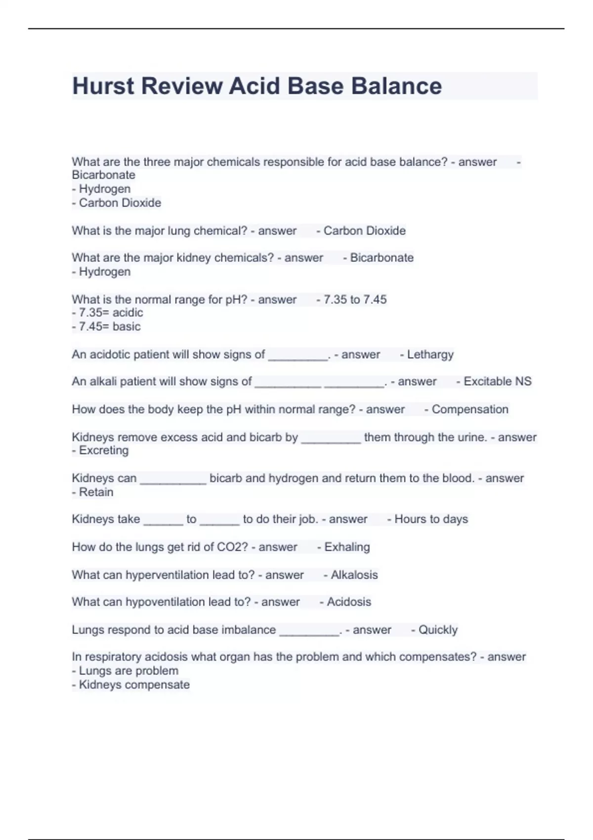 Hurst Review Acid Base Balance Questions with Rationale 2023 - HURST ...
