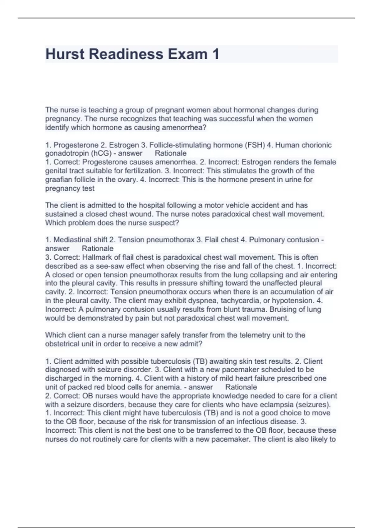 Hurst Readiness Exam 1 Questions with correct Answers 2023 - HURST ...