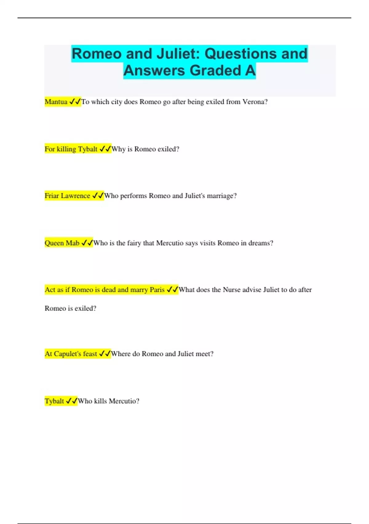 Romeo and Juliet: Questions and Answers Graded A - Romeo and Juliet ...