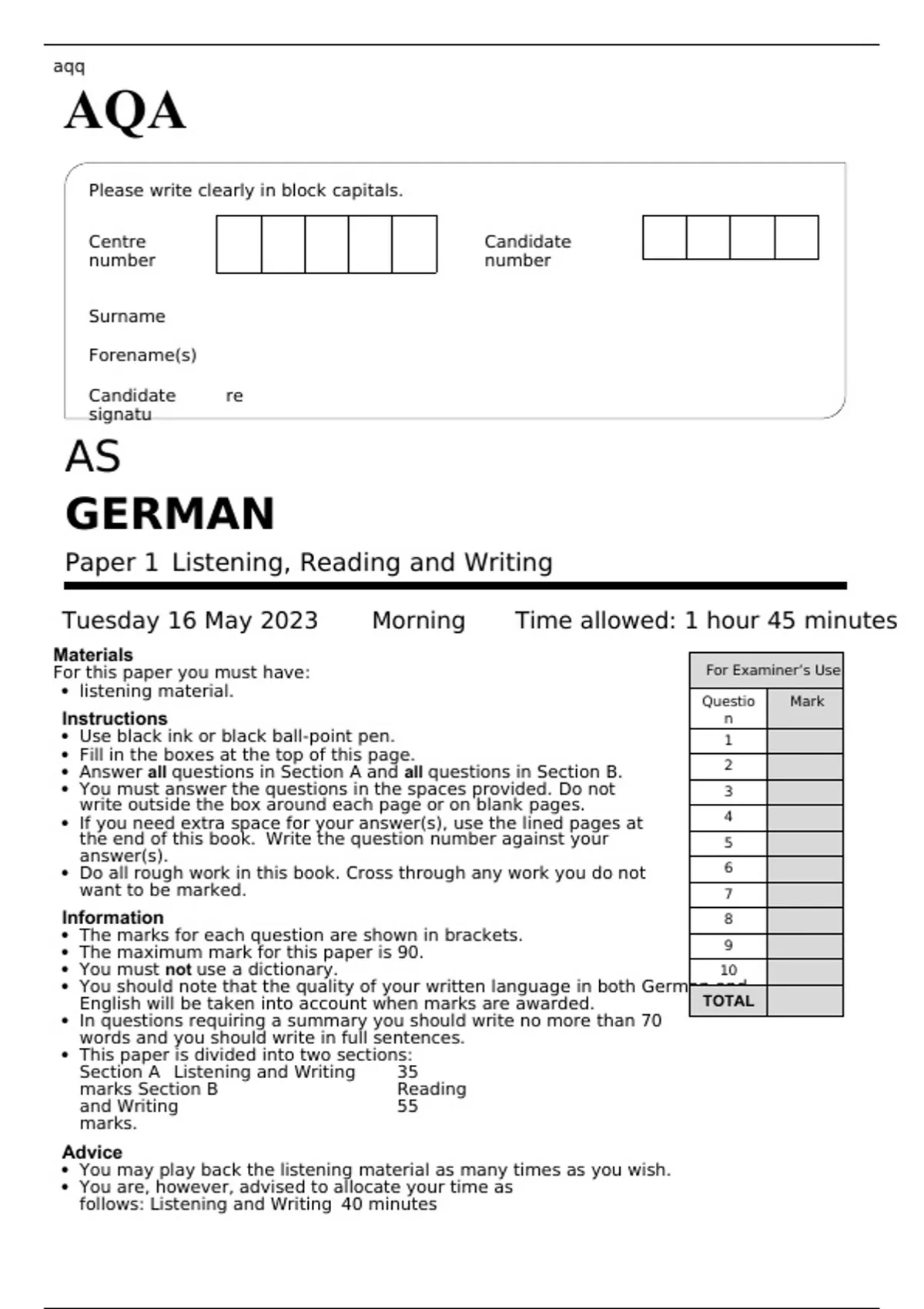 AQA AS GERMAN Paper 1 JUNE 2023 QUESTION PAPER: Listening, Reading and ...