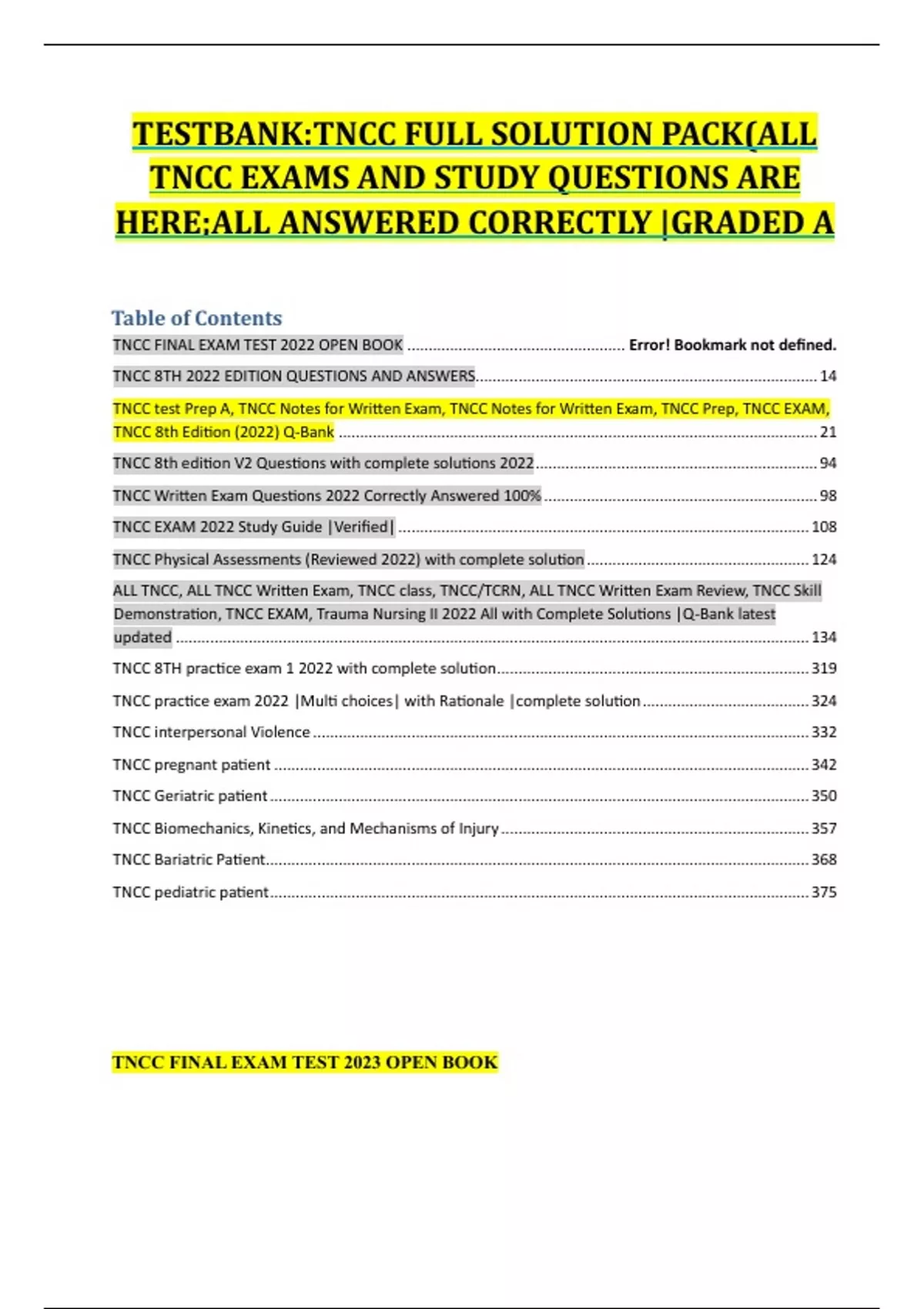 TESTBANK:TNCC FULL SOLUTION PACK(ALL TNCC EXAMS AND STUDY QUESTIONS ARE ...