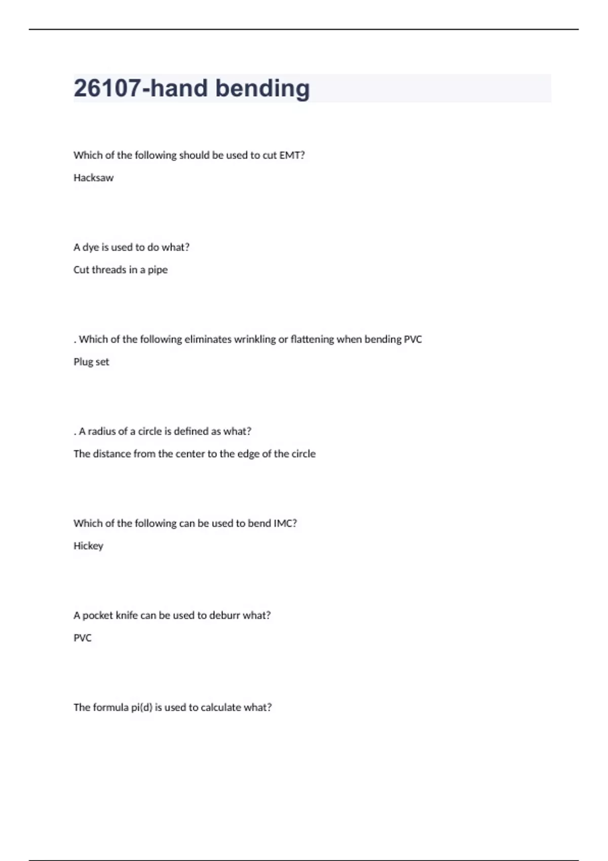 26107-hand bending questions with 100% correct answers - NCCER - Stuvia US