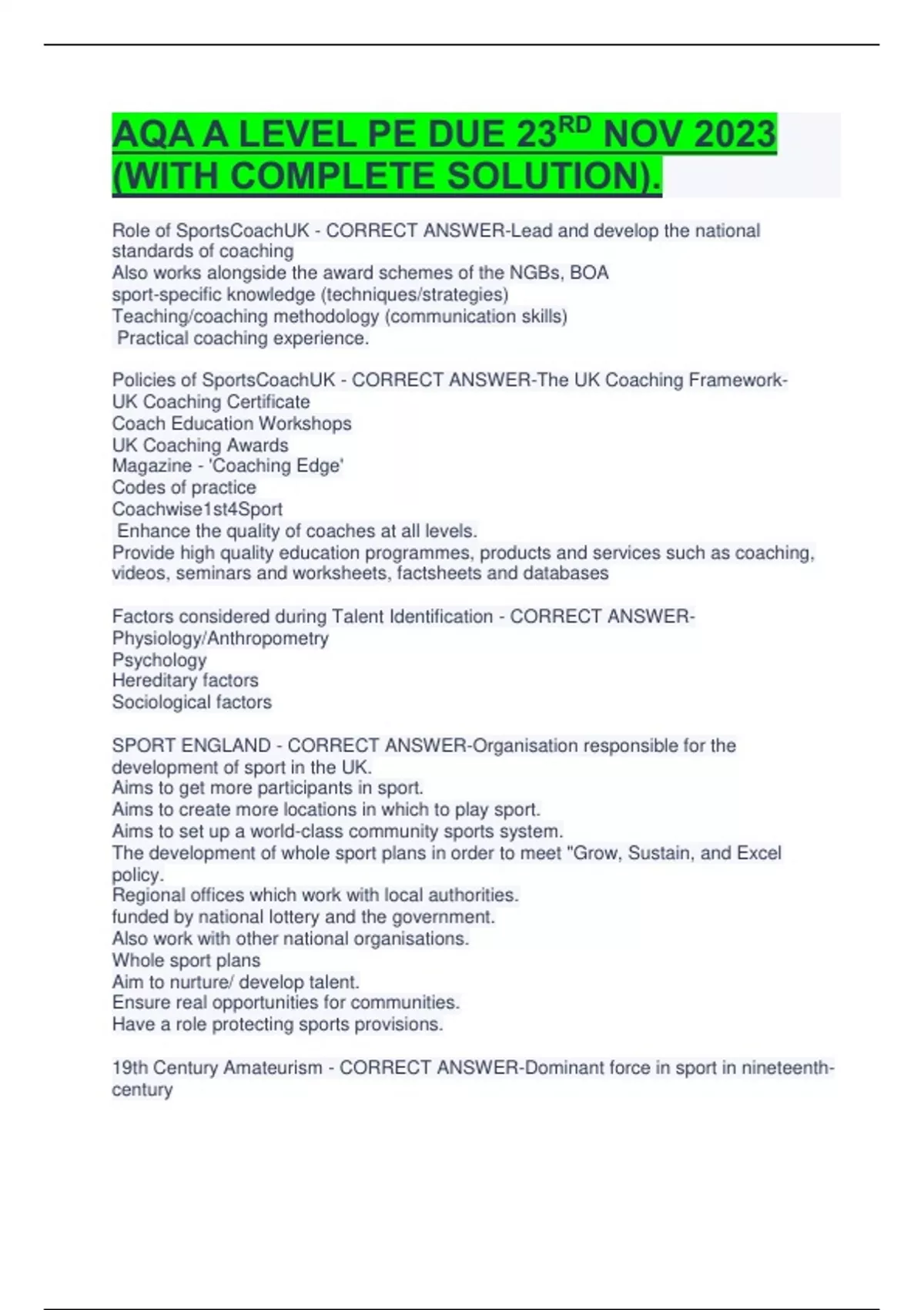 AQA A LEVEL PE DUE 23RD NOV 2023 (WITH COMPLETE SOLUTION). - AQA A ...