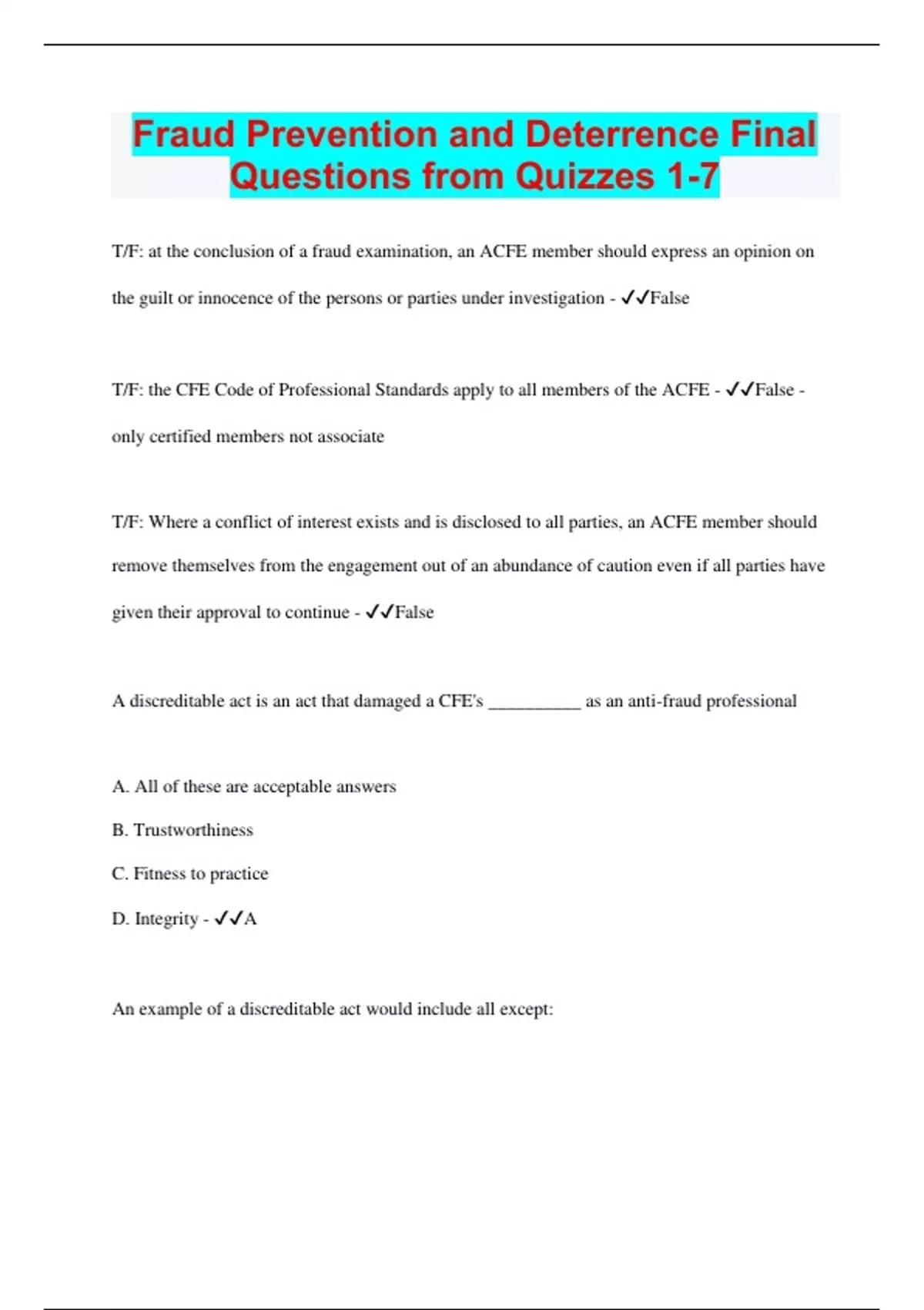 Fraud Prevention and Deterrence Final Questions from Quizzes 1-7 ...