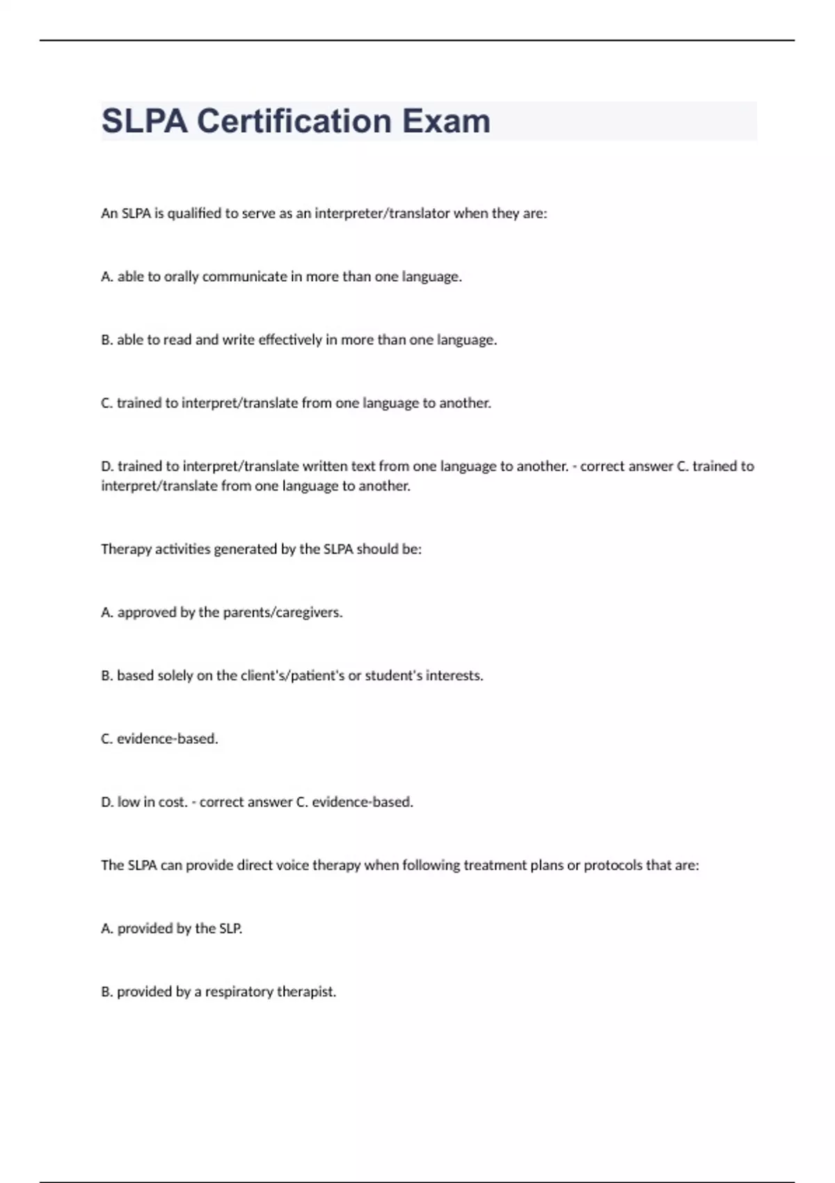 SLPA Certification Exam fully solved graded A+ 2023/2024 - CCBMA ...