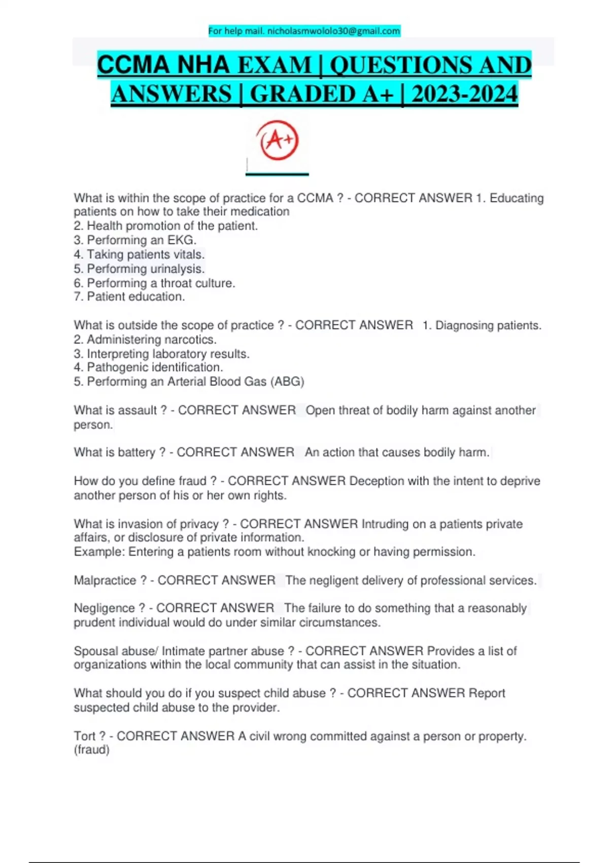 CCMA NHA EXAM | QUESTIONS AND VERIFIED ANSWERS | GRADED A+ - CCMA NHA ...