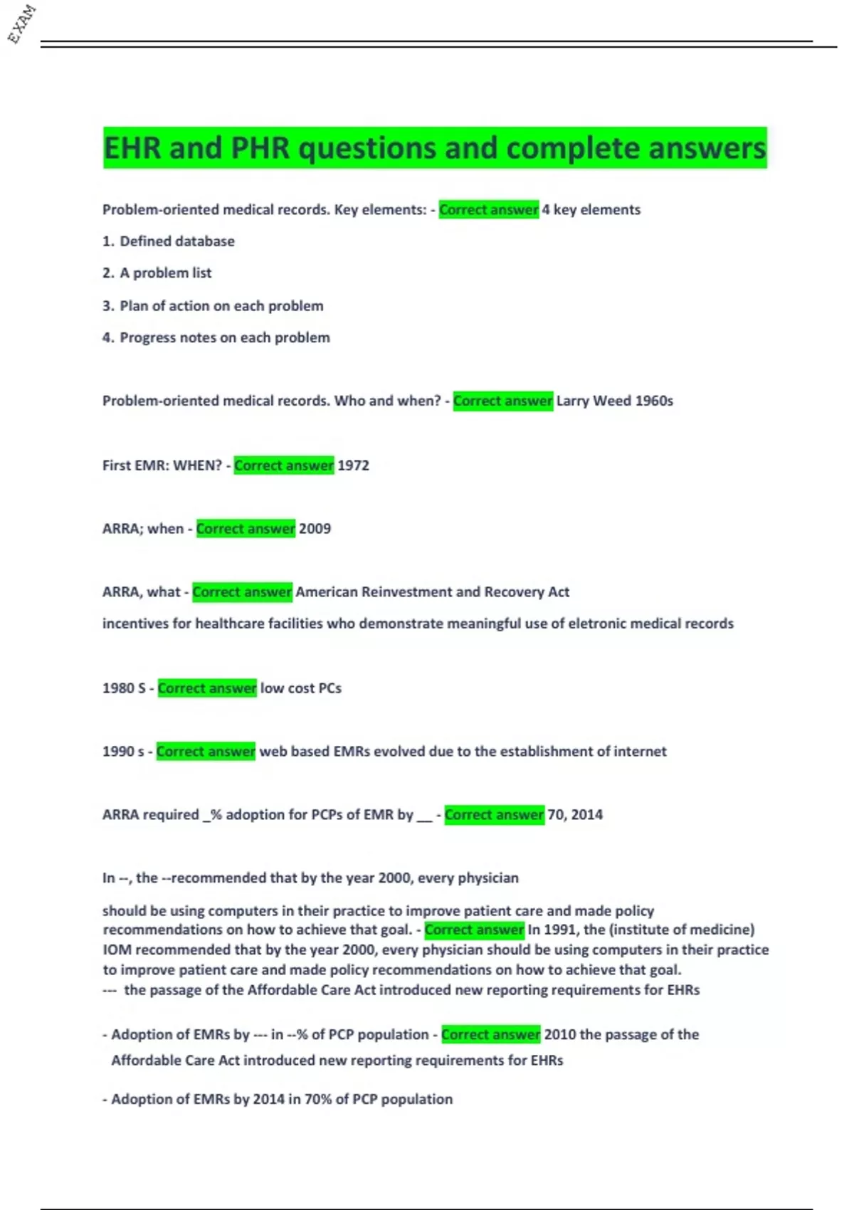 EHR and PHR questions and complete answers - EHR and PHR - Stuvia US