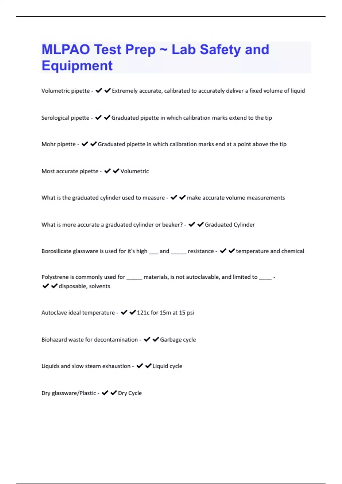 MLPAO Test Prep ~ Lab Safety and Equipment Questions and Answers(A+ ...