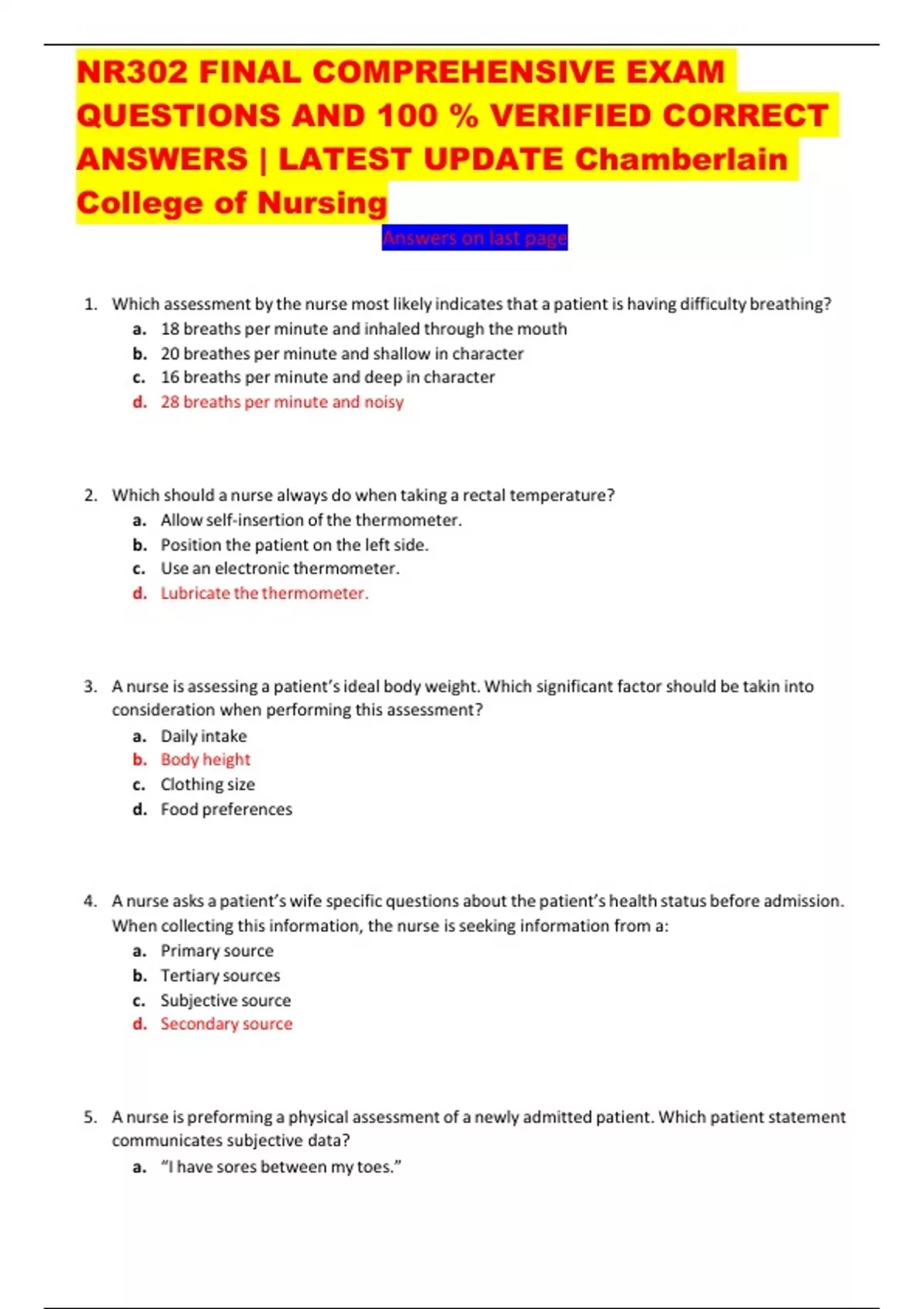 NR302 FINAL COMPREHENSIVE EXAM QUESTIONS AND 100 % VERIFIED CORRECT ...