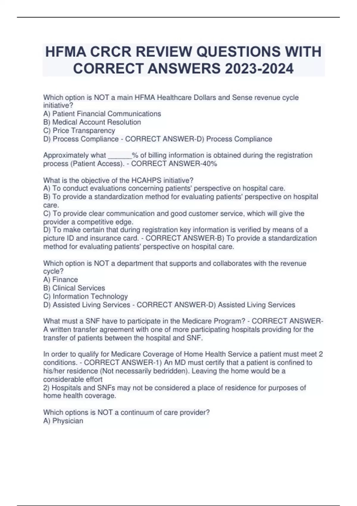 HFMA CRCR REVIEW QUESTIONS WITH CORRECT ANSWERS - HFMA CRCR - Stuvia US