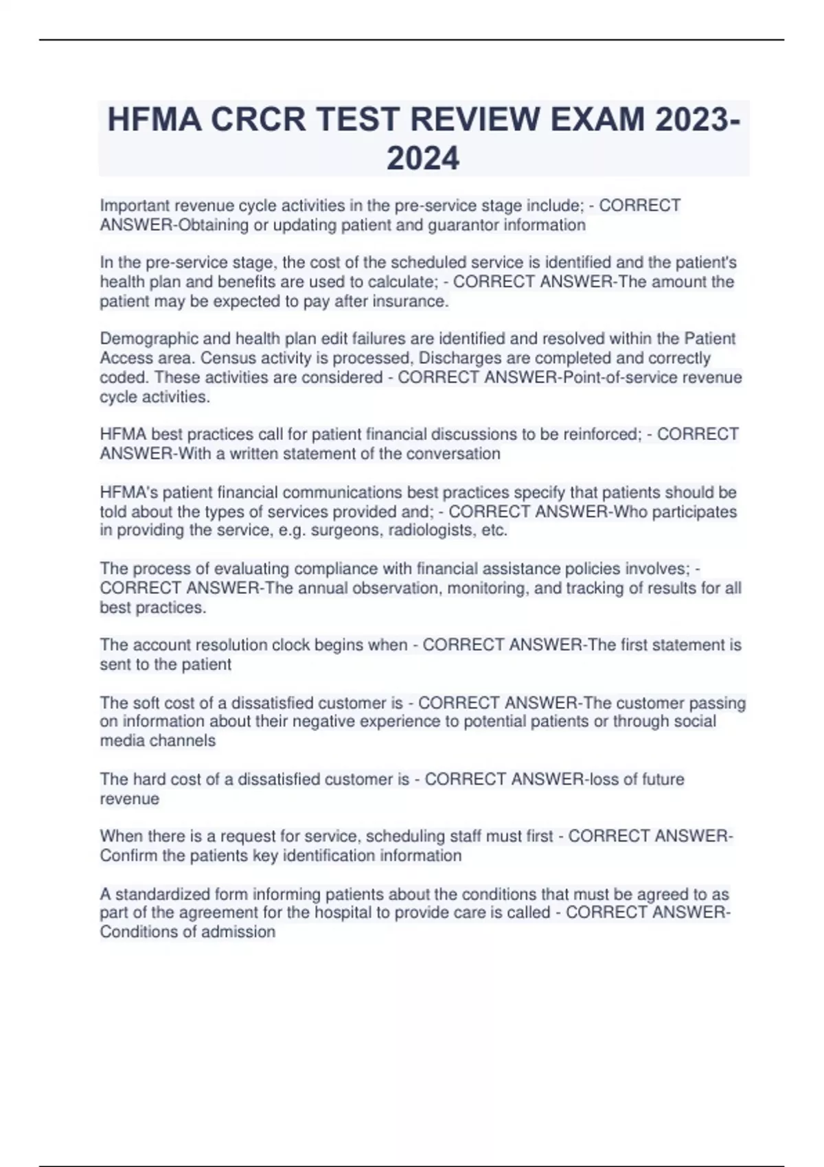 HFMA CRCR TEST REVIEW EXAM - HFMA CRCR - Stuvia US