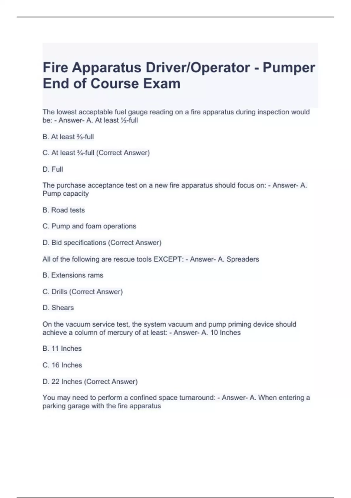 Fire Apparatus Driver-Operator - Pumper End of Course Exam - Florida Pump - Stuvia UK