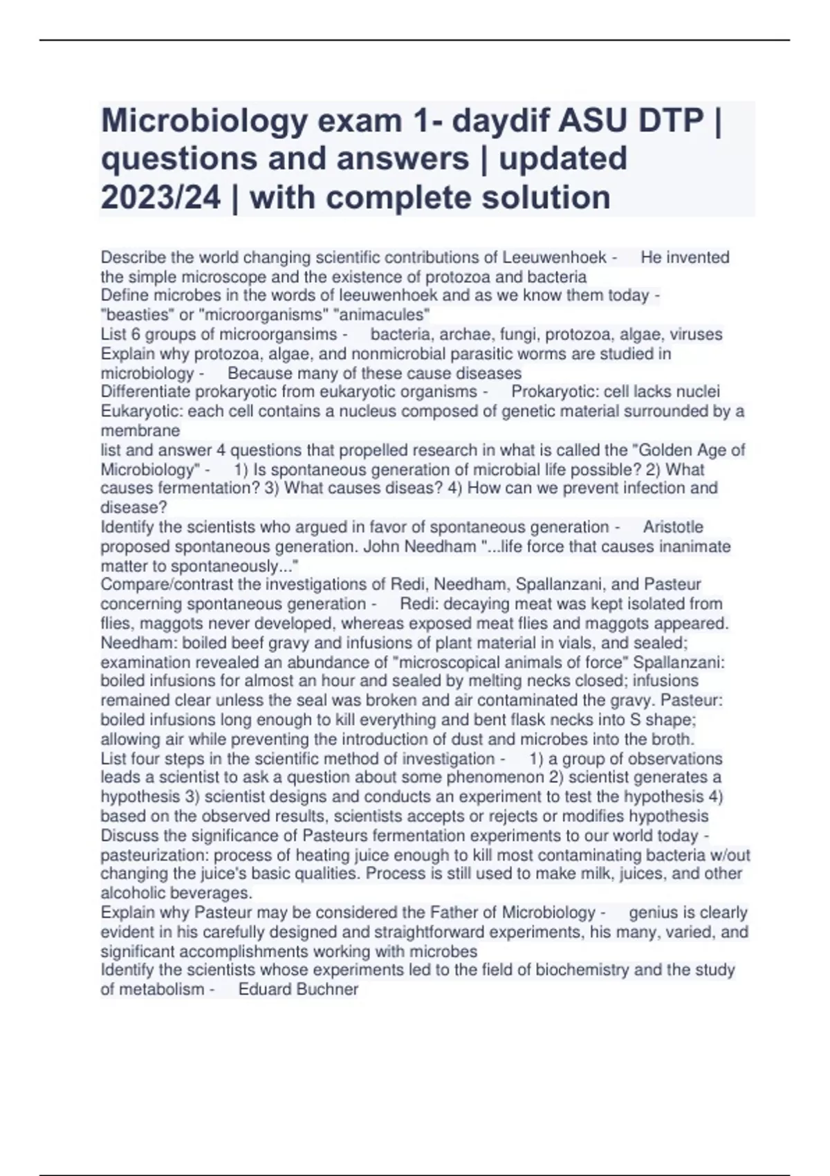 Microbiology exam 1- daydif ASU DTP | questions and answers | updated ...
