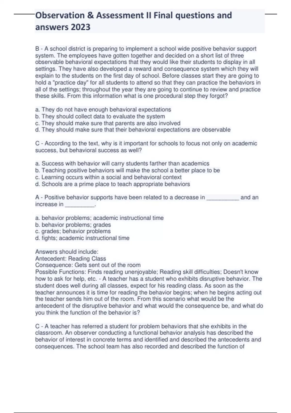 Observation & Assessment II Final questions and answers 2023 ...