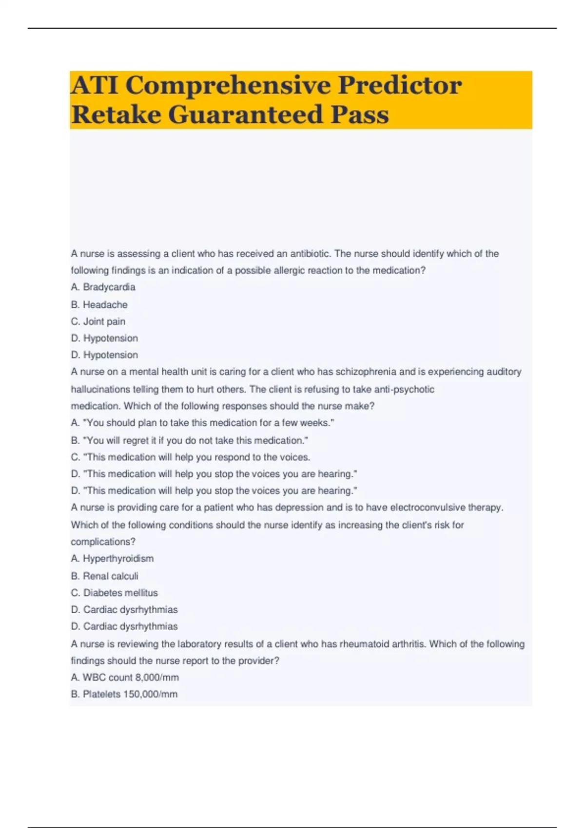 ATI Comprehensive Predictor Retake Guaranteed Pass - ATI Comprehensive ...