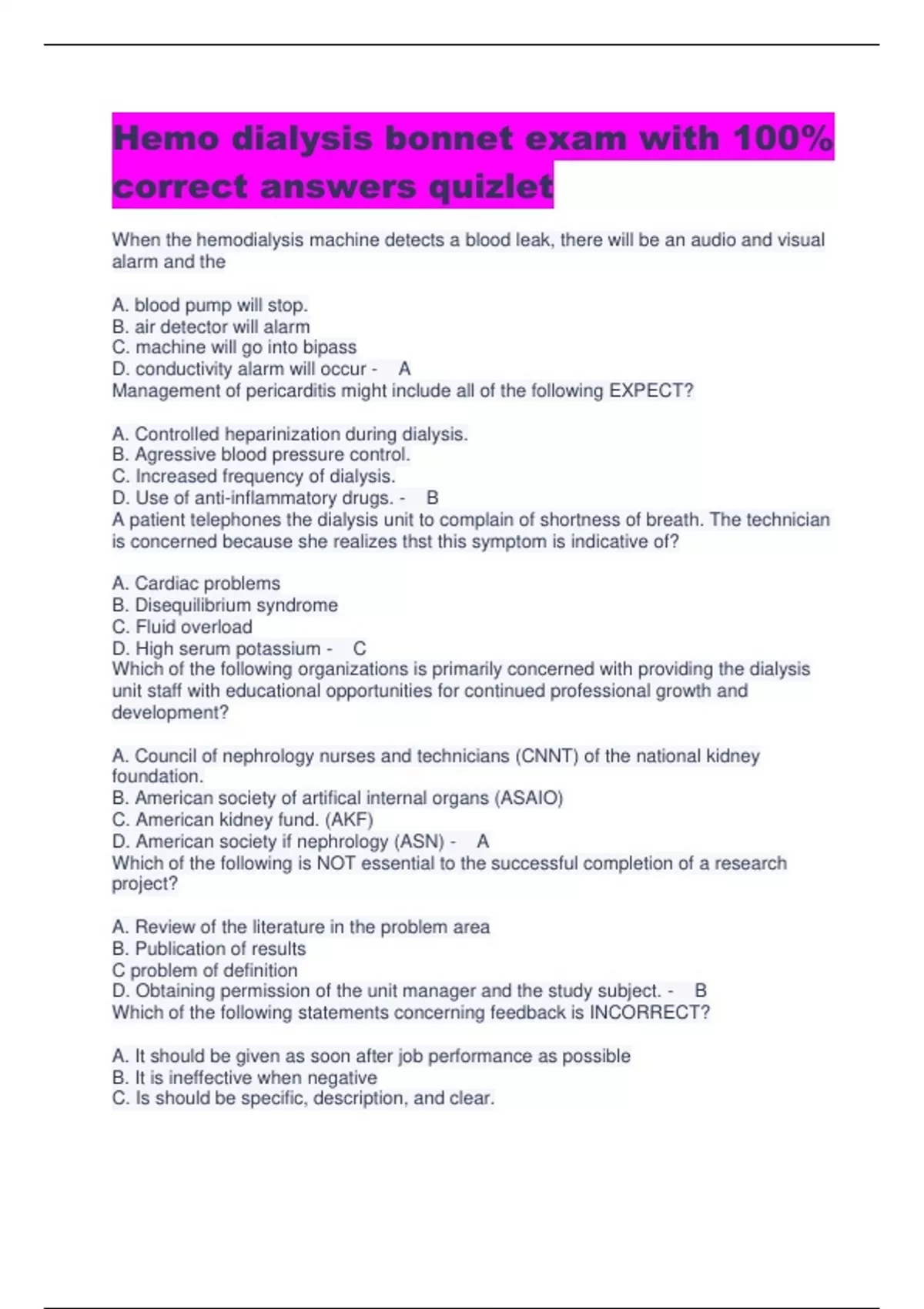 HemoDialysis Bonnet Exam questions with complete solutions verified 100 ...