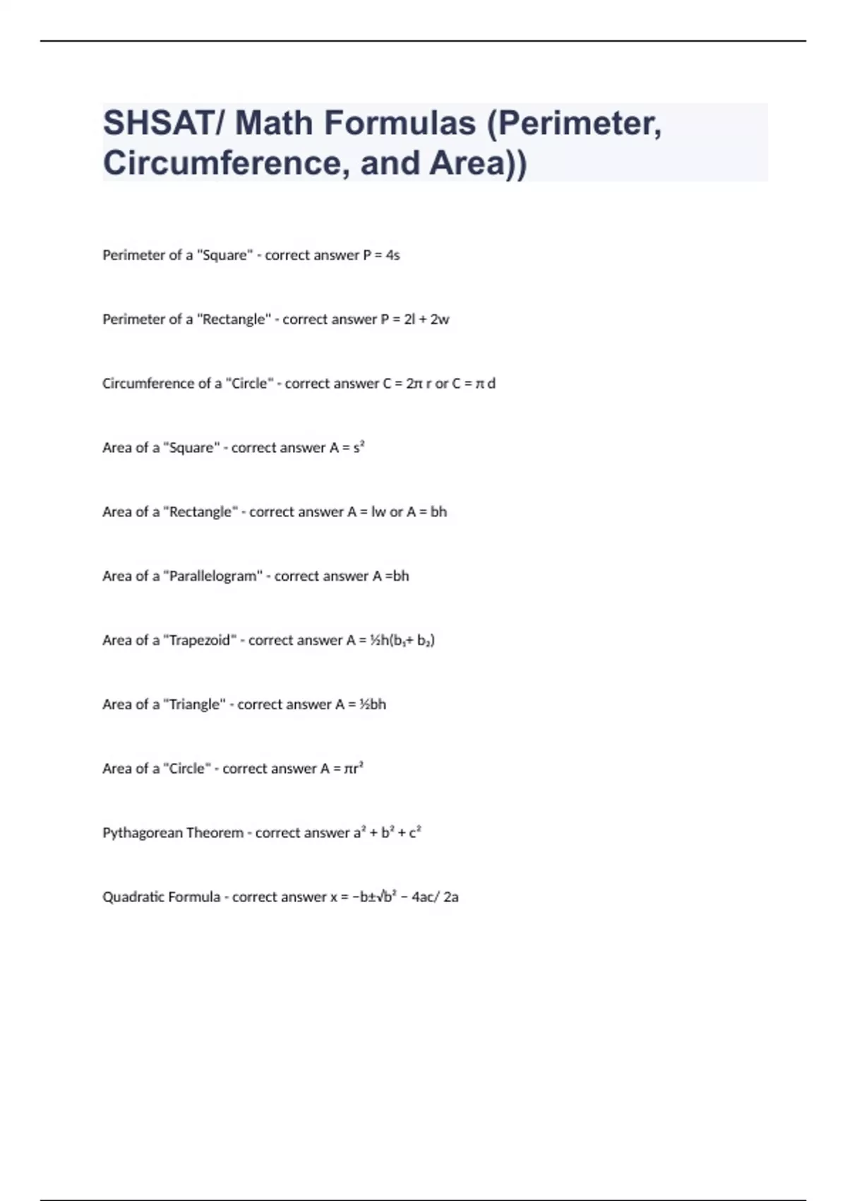 SHSAT Math Formulas (Perimeter, Circumference, and Area) 2023/2024 ...