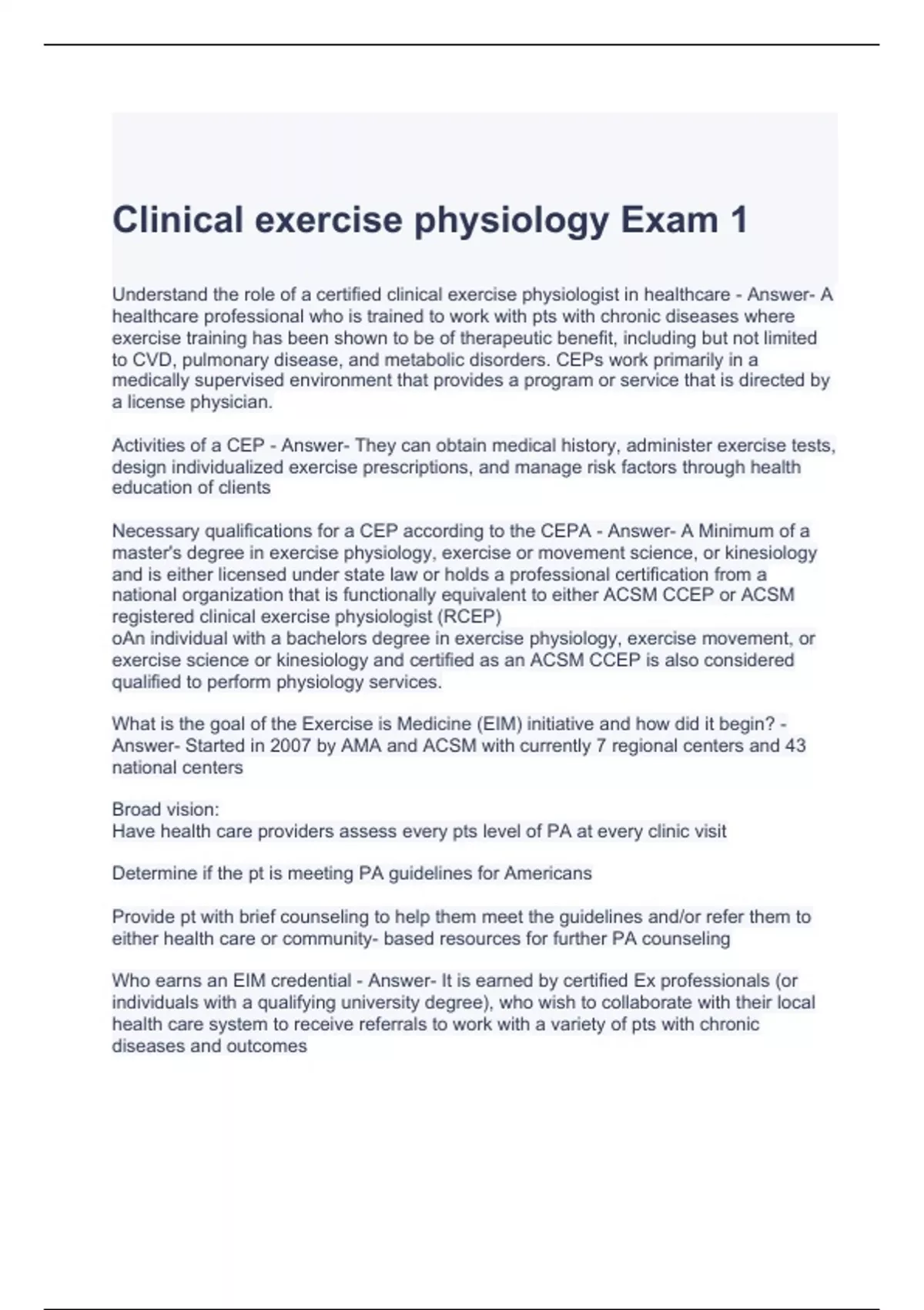 Clinical exercise physiology Exam 1 Questions and Answers - ACSM ...