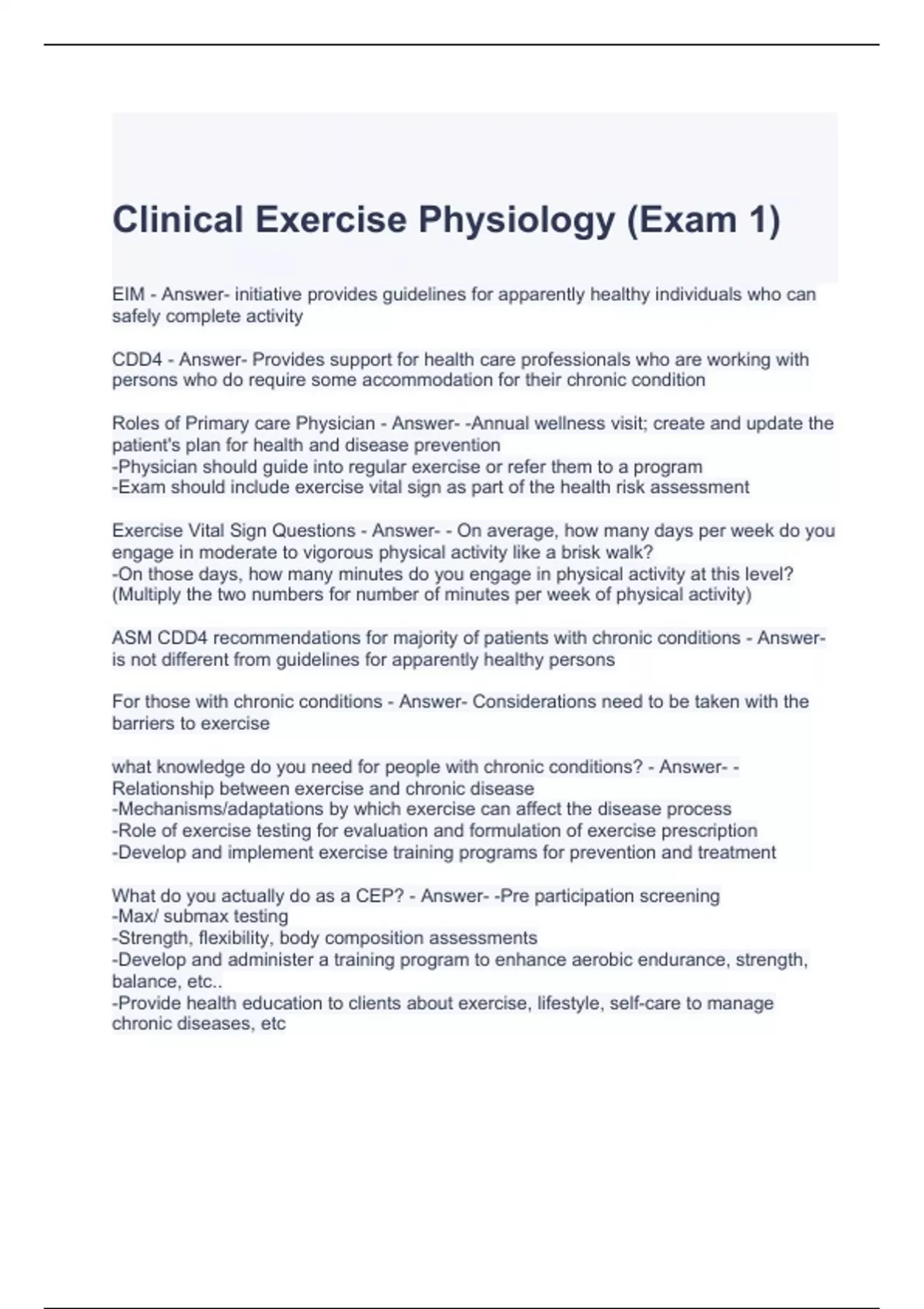 Clinical Exercise Physiology (Exam 1) Questions and Answers - ACSM ...