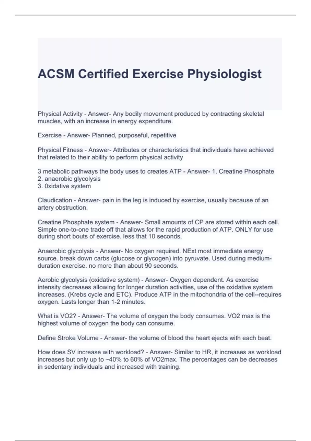 ACSM Certified Exercise Physiologist Exam Questions and Answers - ACSM - Stuvia US
