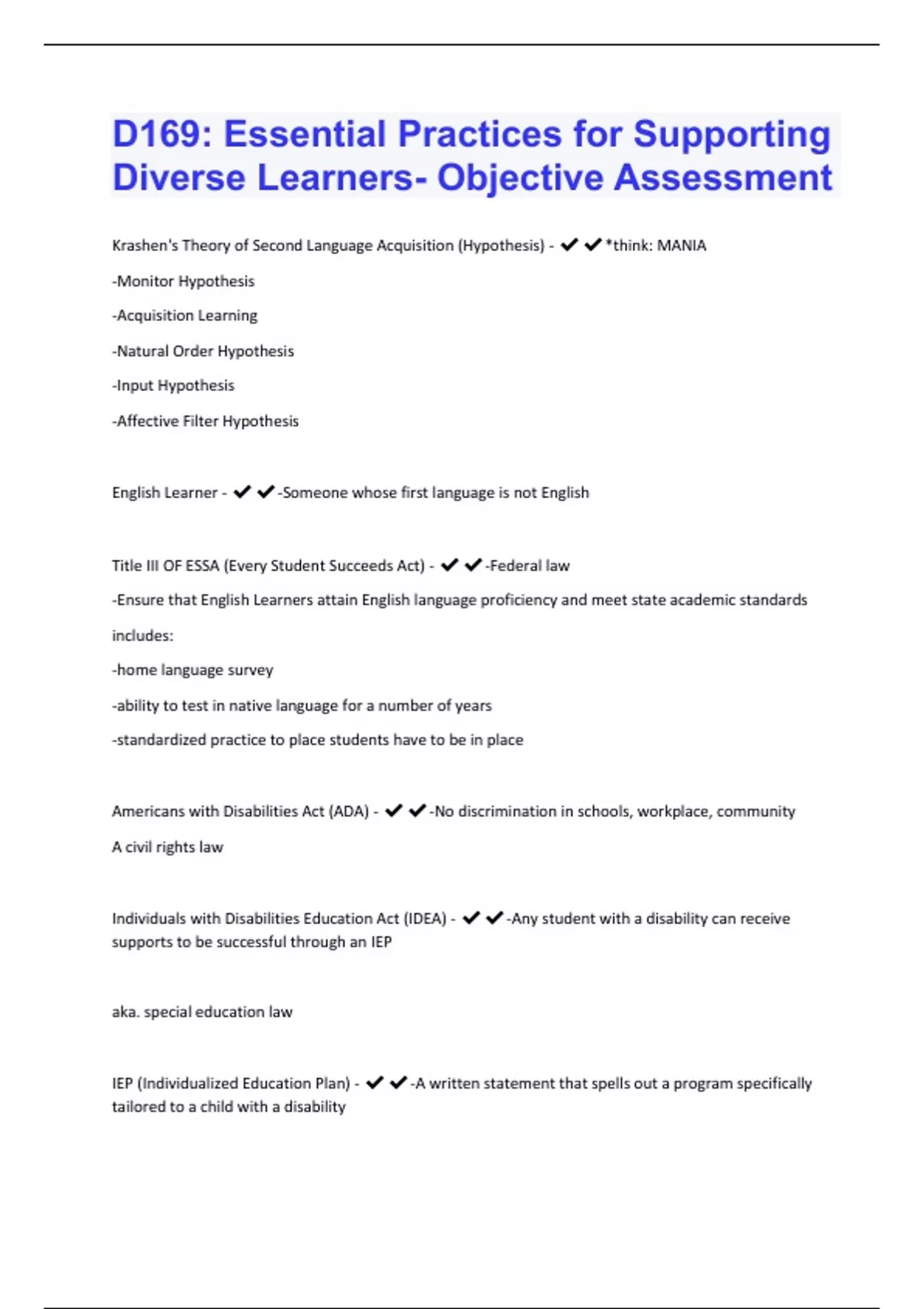 D169: Essential Practices for Supporting Diverse Learners- Objective Assessment Questions With ...