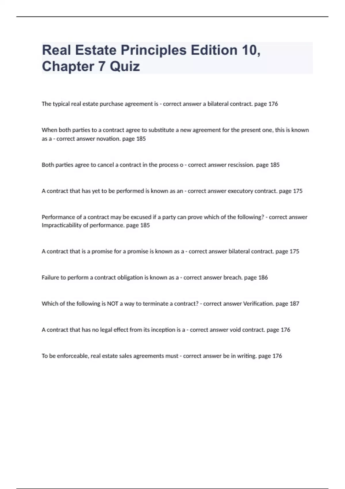 Real Estate Principles Edition 10, Chapter 7 Quiz correctly answered ...