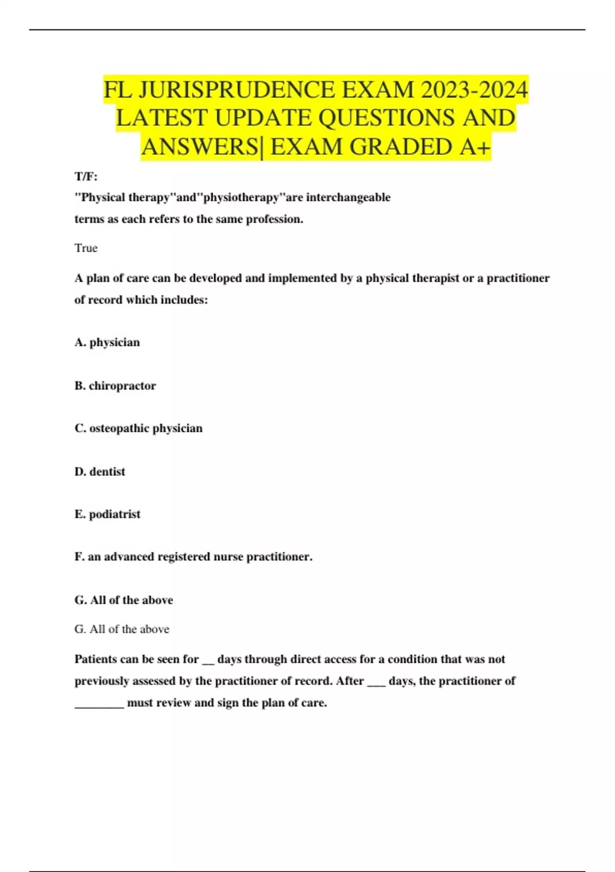 FL JURISPRUDENCE EXAM LATEST UPDATE QUESTIONS AND ANSWERS| EXAM GRADED ...