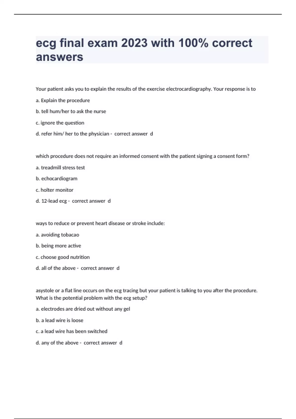ecg final exam 2023 with 100% correct answers - ECG - Stuvia US