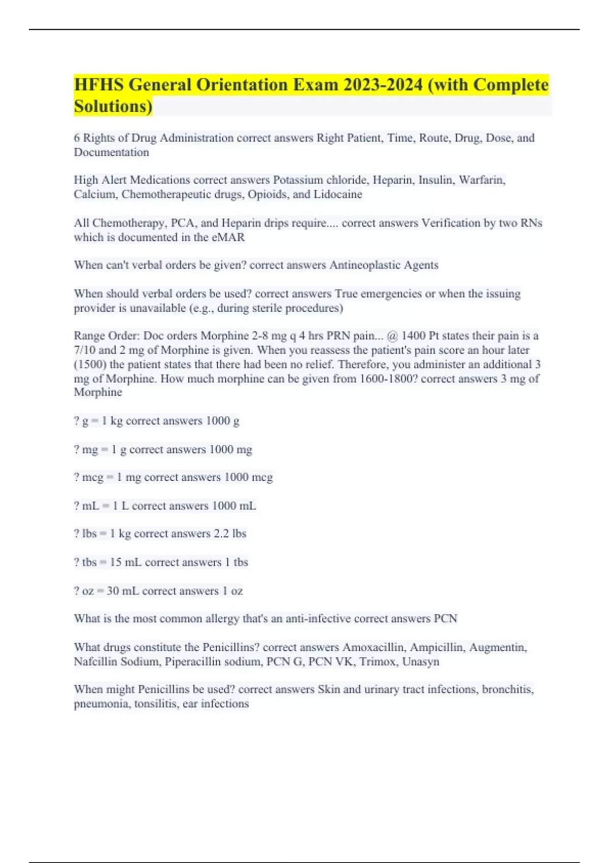 HFHS General Orientation Exam (with Complete Solutions) - HFHS General ...