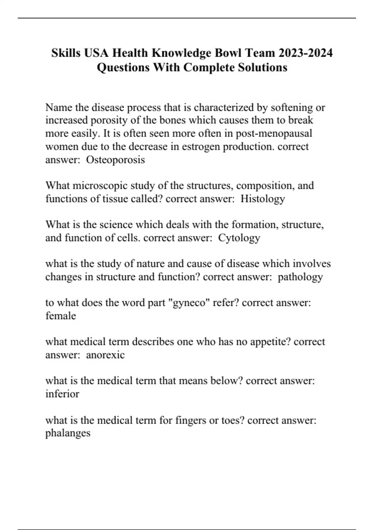 Skills USA Health Knowledge Bowl Team Questions With Complete Solutions ...