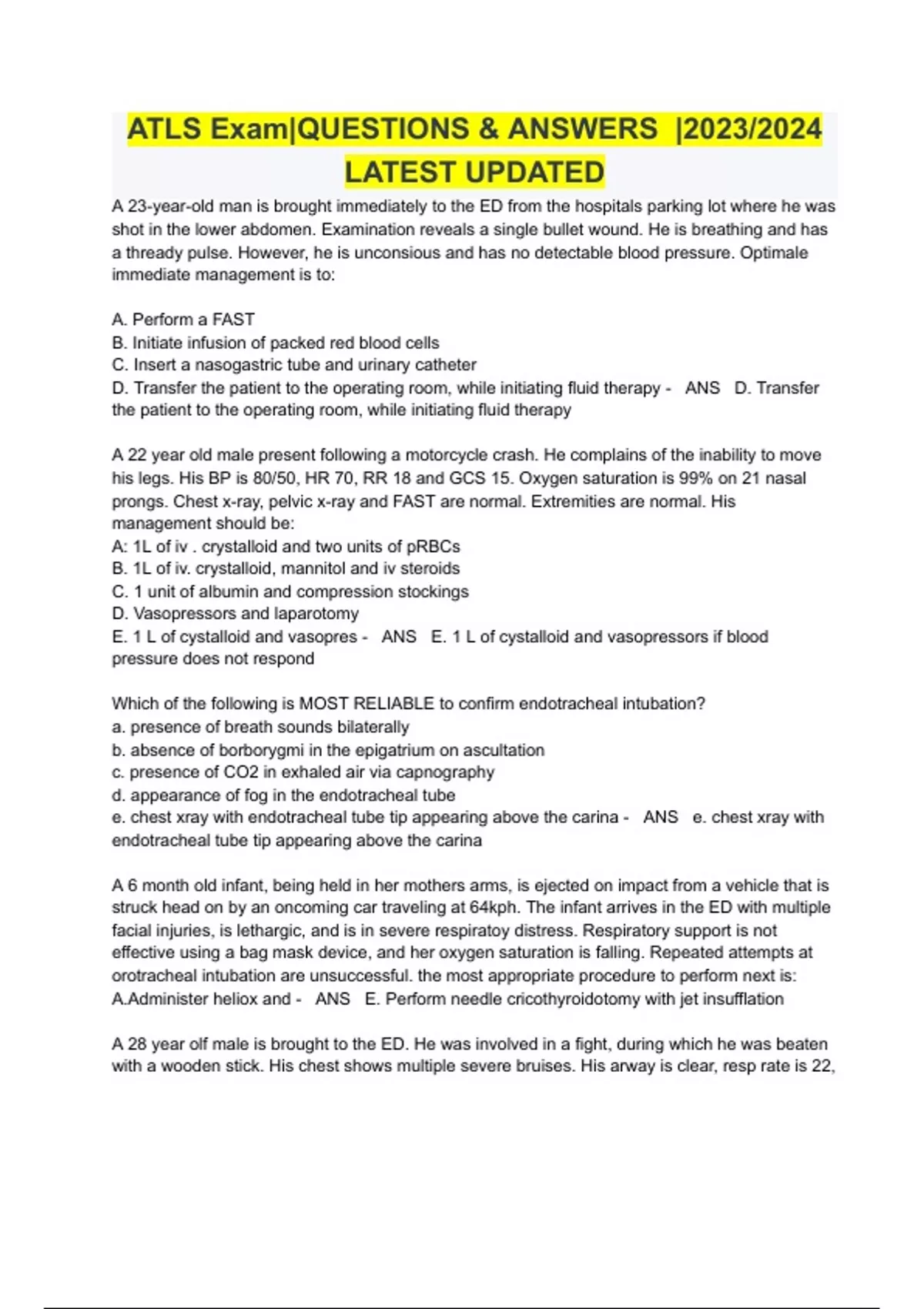 ATLS Exam|QUESTIONS & ANSWERS |2023/2024 LATEST UPDATED - ATLS - Stuvia US