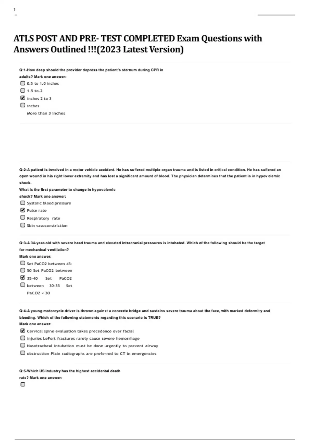 ATLS POST AND PRE TEST COMPLETED Exam Questions With Answers Outlined