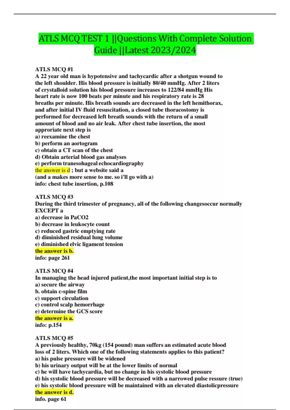 ATLS MCQ TEST 1 ||Questions With Complete Solution Guide ||Latest 2023/ ...