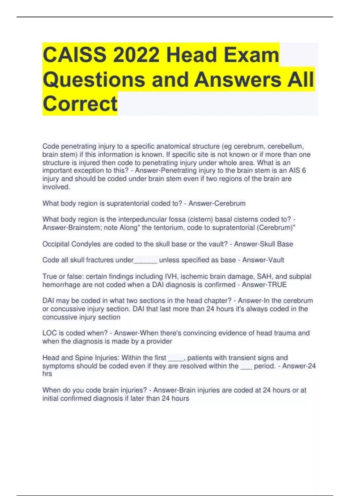 CAISS 2022 Head Exam Questions and Answers All Correct - CAISS - Stuvia US