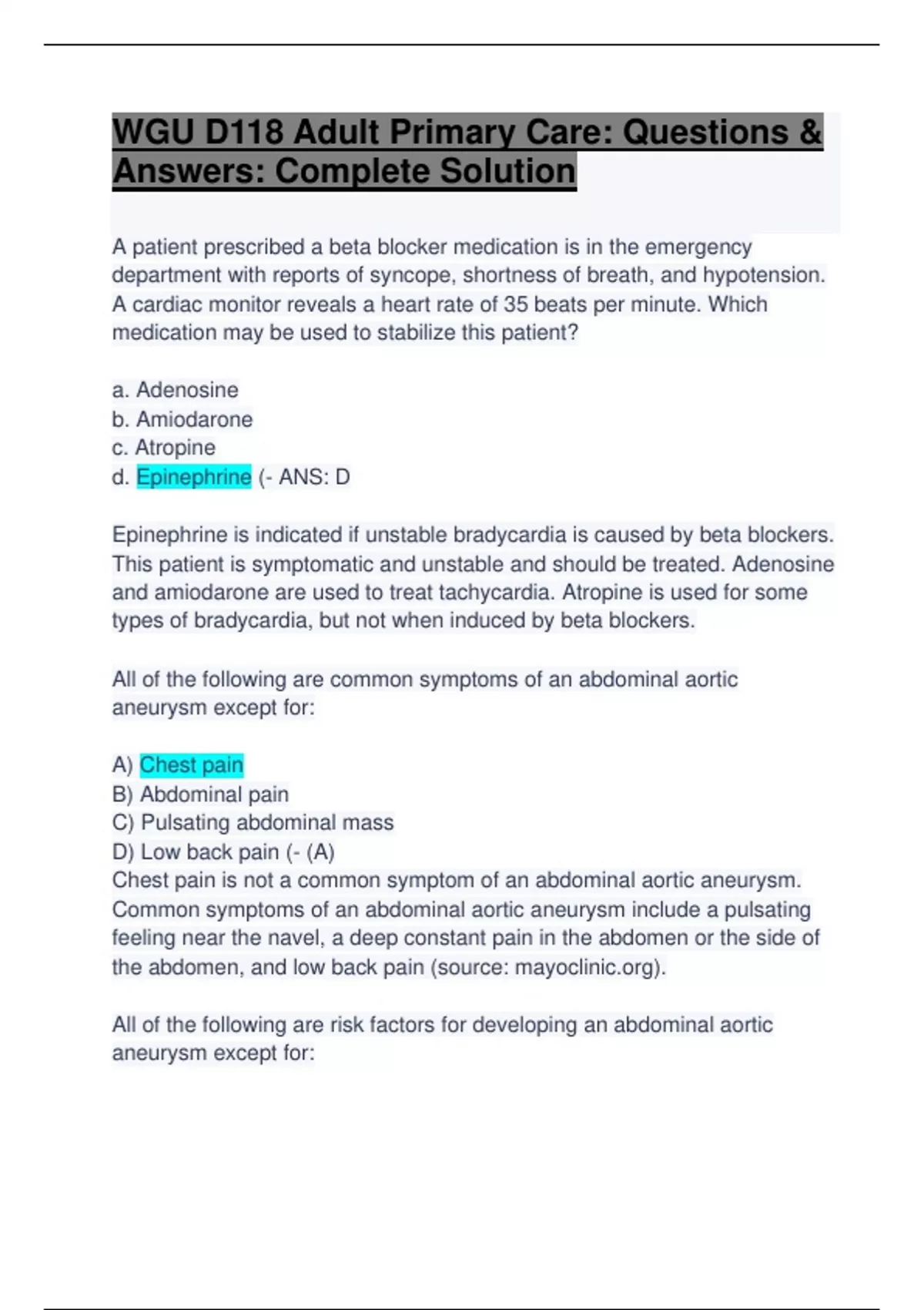 WGU D118 Adult Primary Care: Questions & Answers: Complete Solution - WGU D118 Adult Primary ...