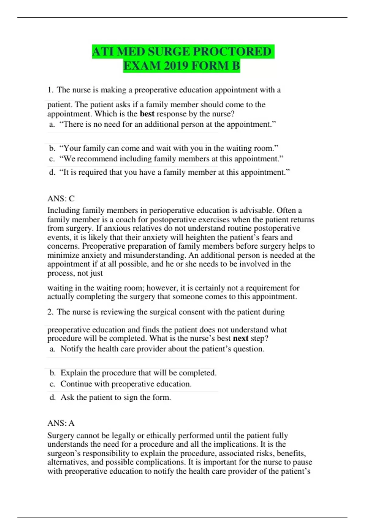 ATI MED SURGE PROCTORED EXAM 2019 FORM B - ATI MED SURGE PROCT - Stuvia US