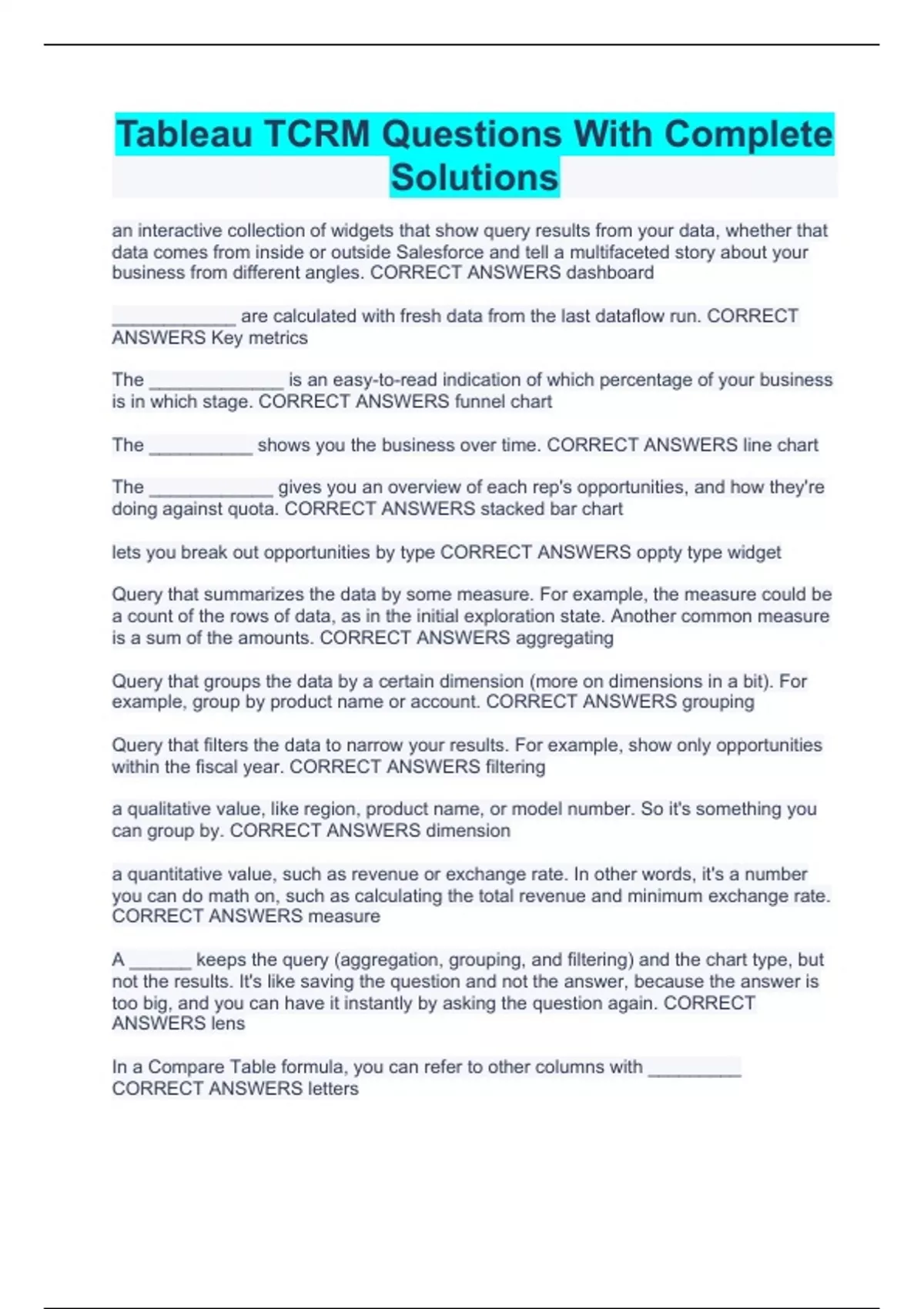 Tableau TCRM Questions With Complete Solutions - TCRM - Stuvia US