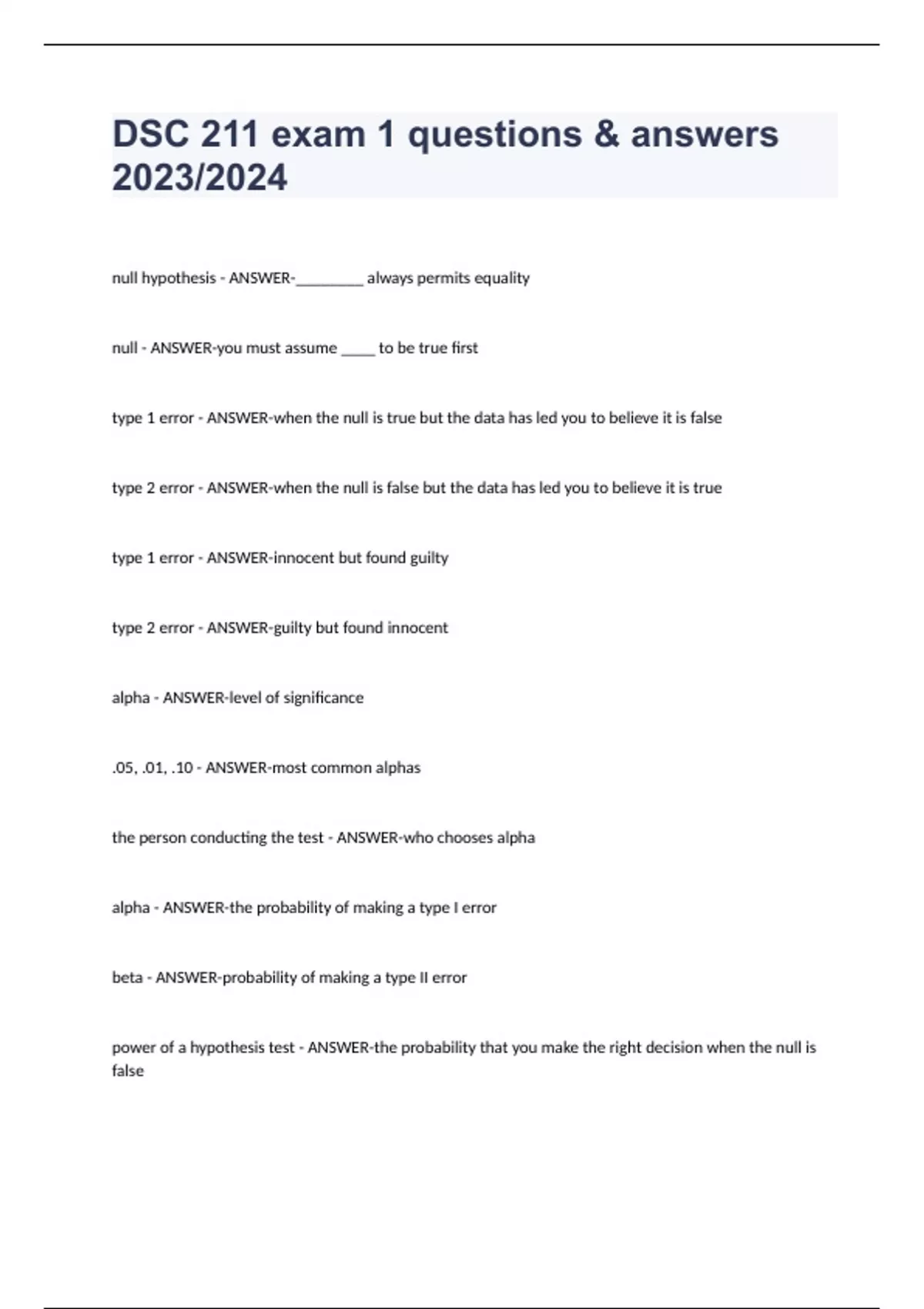 DSC 211 exam 1 questions & answers 2023/2024 - DSC 211 - Stuvia US