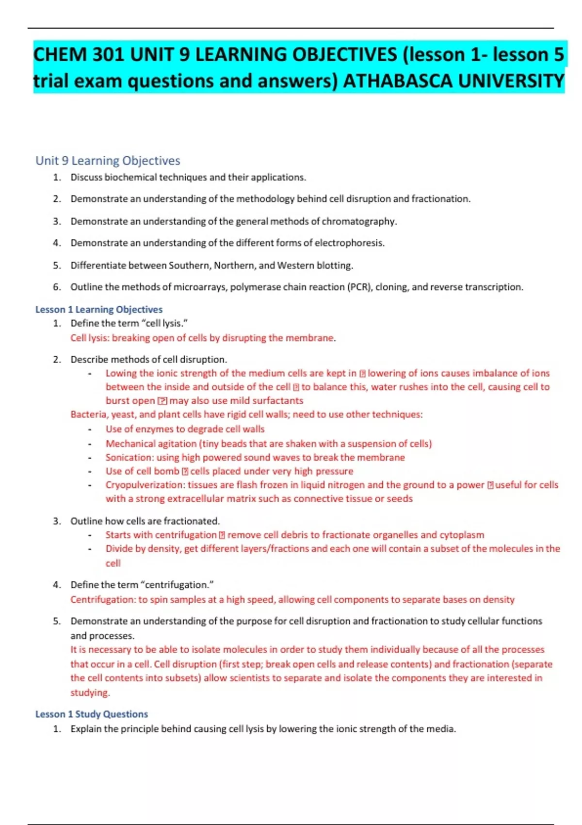 CHEM 301 UNIT 9 LEARNING OBJECTIVES (lesson 1- lesson 5 trial exam ...
