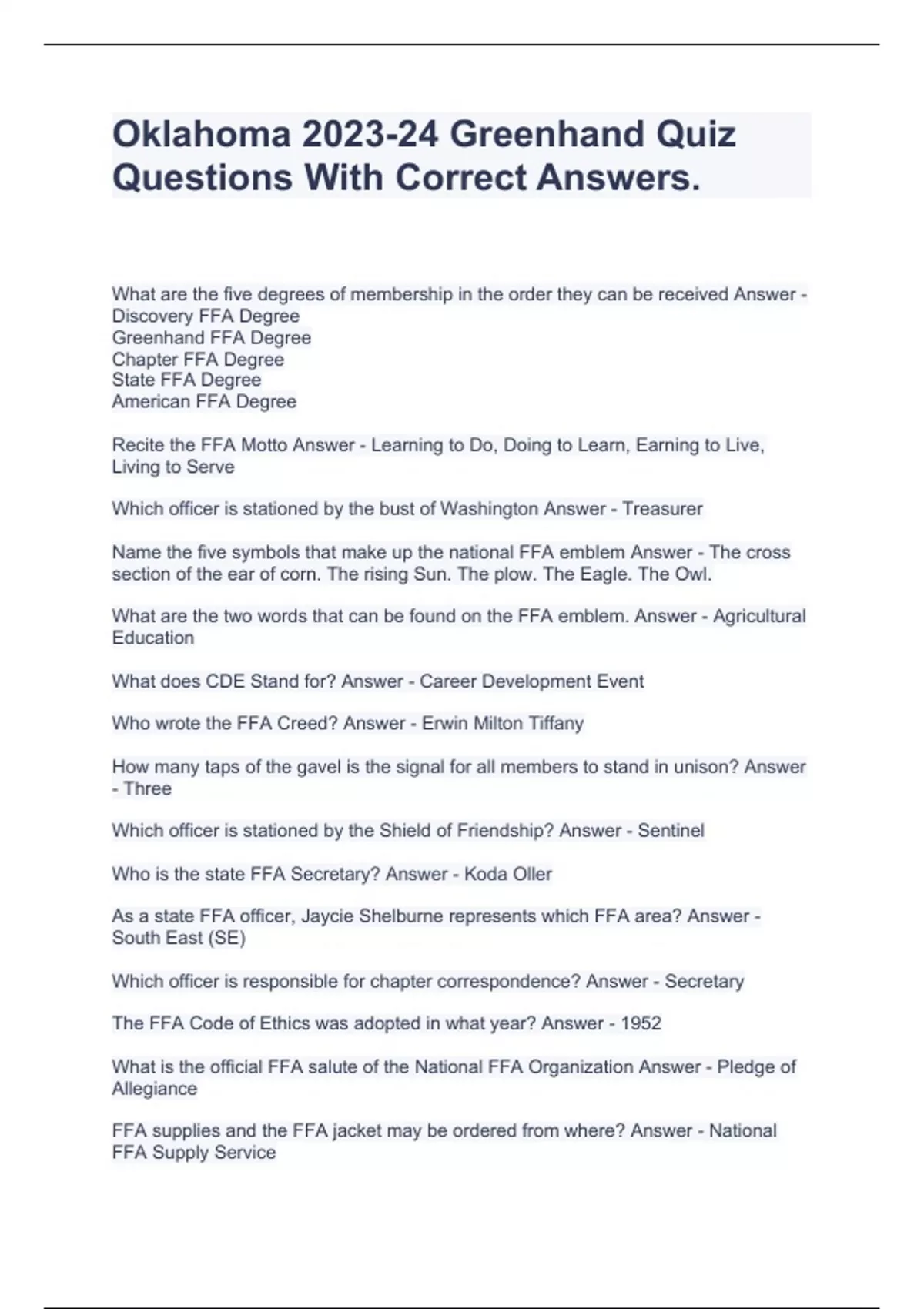 Oklahoma 2023-24 Greenhand Quiz Questions With Correct Answers. - Oklahoma Greenhand - Stuvia US