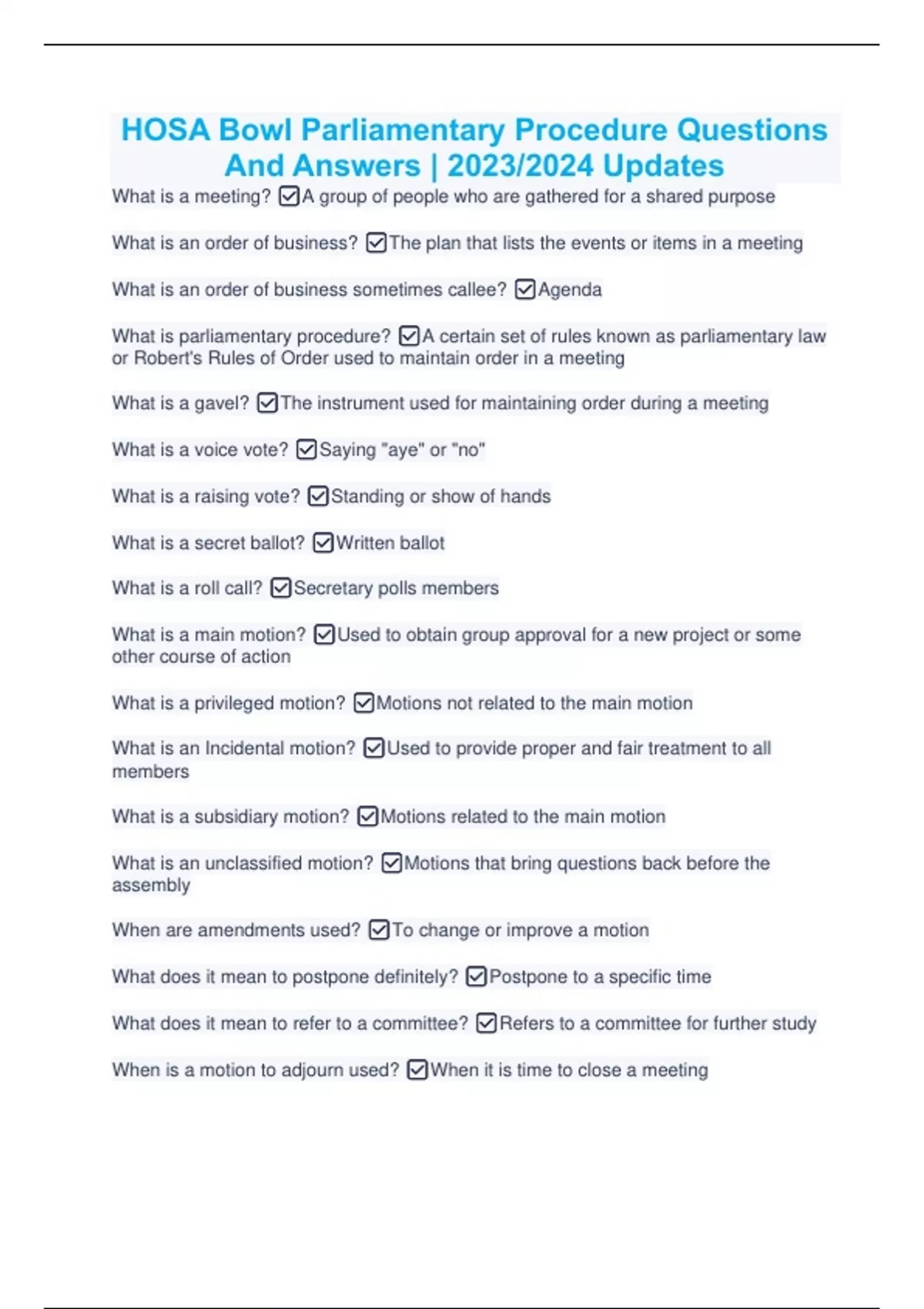 HOSA Bowl Parliamentary Procedure Questions And Answers | 2023/2024 ...